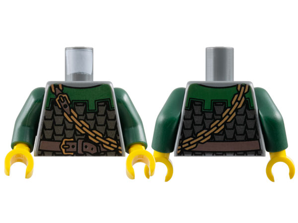 Torso Castle Kingdoms Dark Silver Scale Mail Armor with Dark Green Collar, Dark Brown Belt with Gold Buckle, Chain Pattern / Dark Green Arms / Yellow Hands, 973pb0691c01 Dark Bluish Gray U