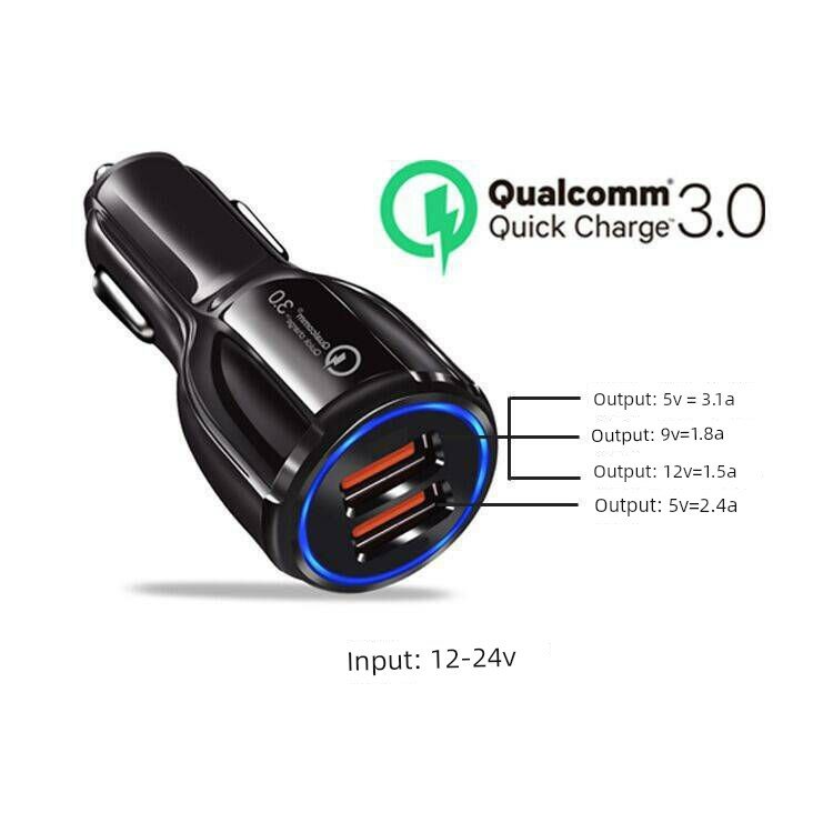 Двойной USB автомобильный зарядный адаптер с 3.1A+QC3.0 быстрой зарядкой, черный, 30 Вт выход для мобильных телефонов