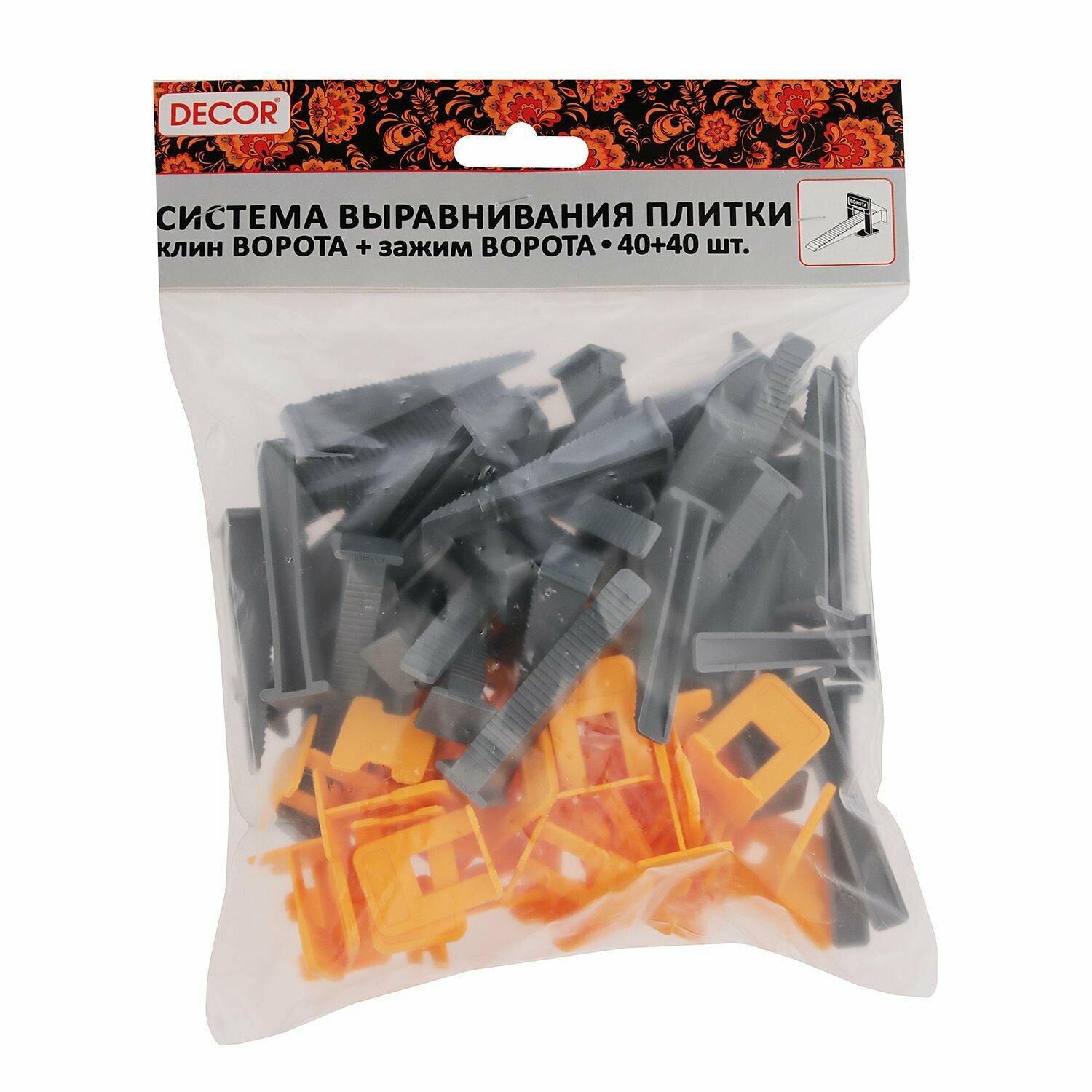 Система выравнивания плитки DECOR набор зажим "ворота" 1.4 мм 40 штук, клин 40 штук (559-4040*1/25/50)