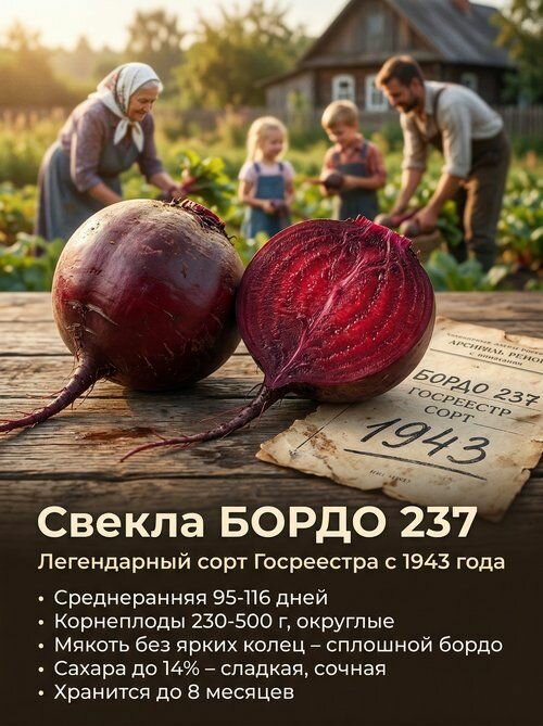 Свекла столовая бордо 237 Легендарный сорт Госреестра с 1943 года! Корнеплоды до 500 г, тёмно-бордовая мякоть без колец, сахара до 15%. Идеальна для борща, винегрета, соков и зимнего хранения