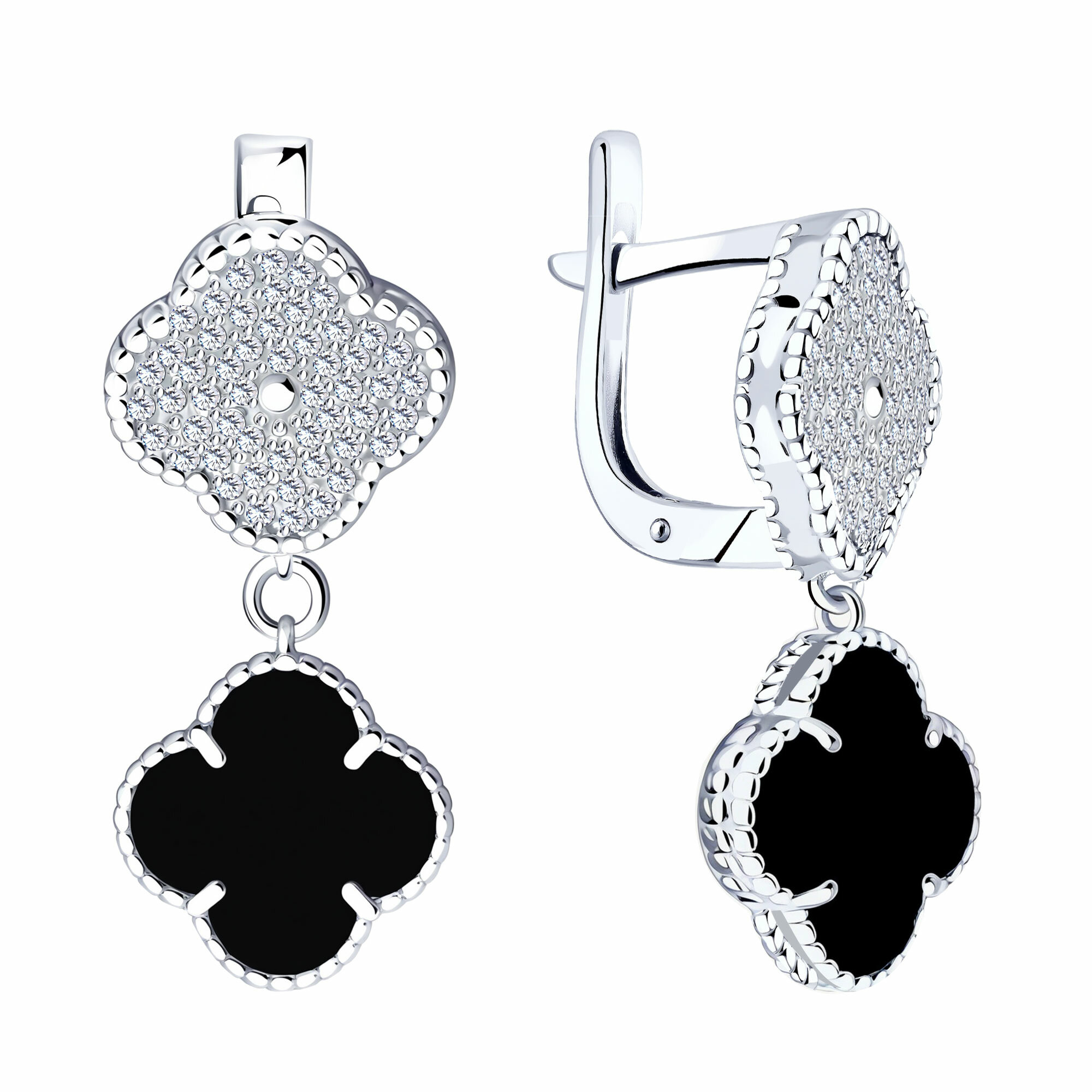 Серьги, серебро, 925 проба, родирование, оникс, фианит