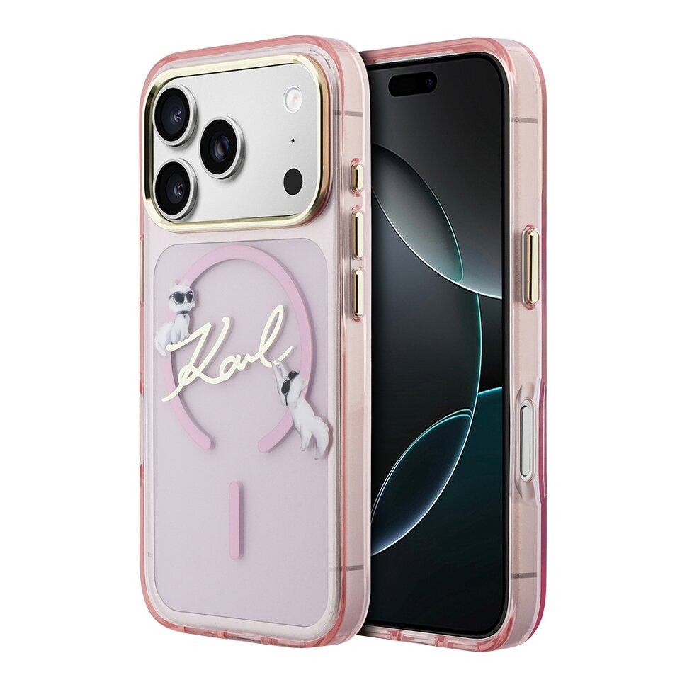 Karl Lagerfeld чехол с MagSafe для iPhone 17 Pro, IML NFT Choupettes Script logo Metal Camera, розовый