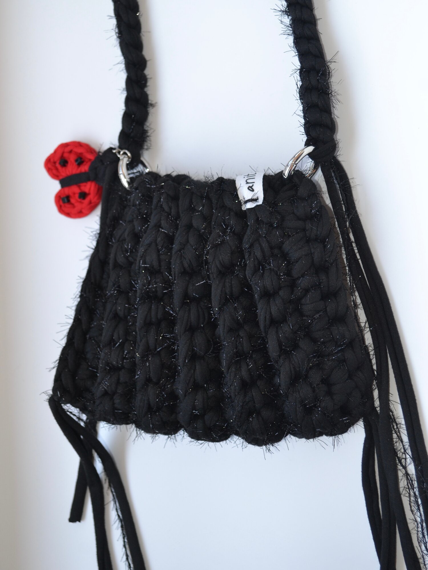 Сумка тоут  - ракушка из фантазийной пряжи "травка", anitochka.shop, черная