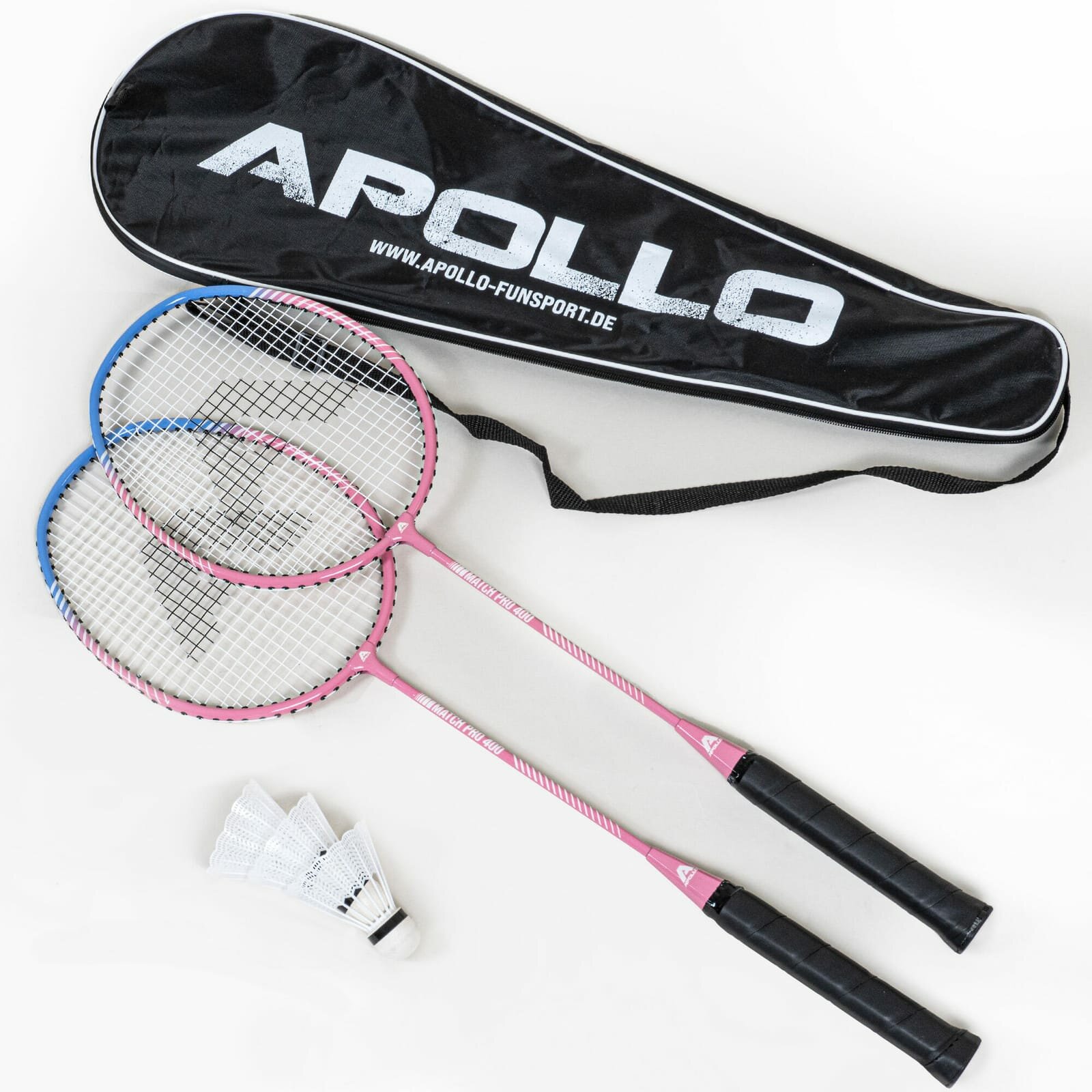 DECATHLON набор для бадминтона apollo match pro 400, 2 ракетки, 3 воланчика, сумка, синий/розовый
