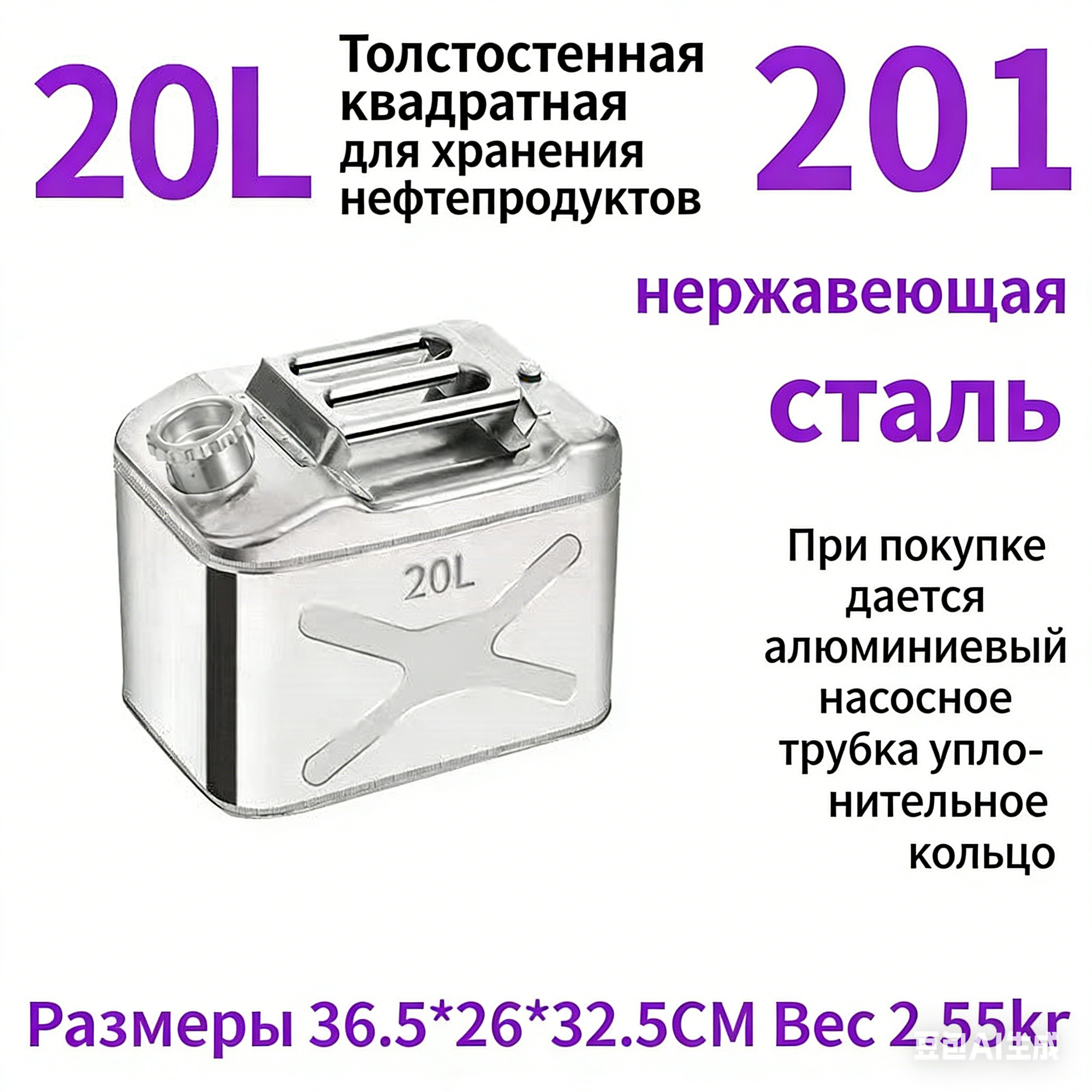 Канистра нержавеющая сталь 20 литров (20л), горизонтальная（квадратный）