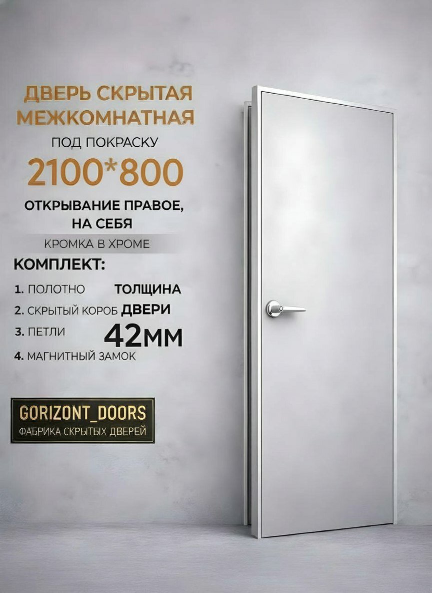 Скрытая межкомнатная дверь комплект INVISIBLE на себя, петли справа 800х2100 хром кромка