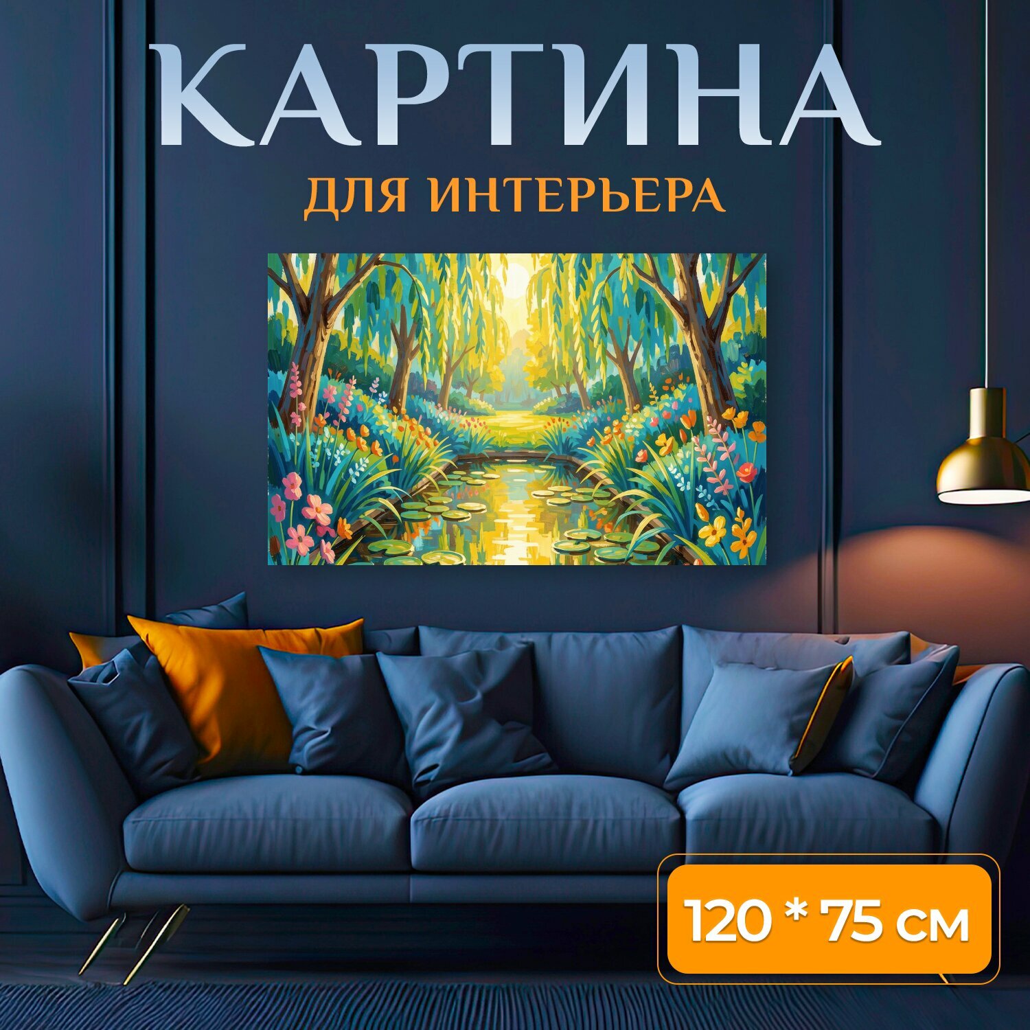 Картина на холсте "Солнечный сад с прудом. Яркая живописная сцена с лесной водой, кувшинками, цветущими растениями и плакучими деревьями." на подрамнике 120х75 см. для интерьера