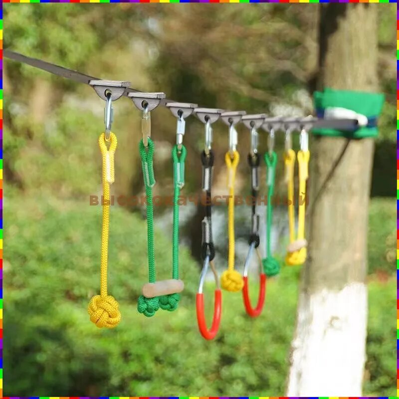 Детская уличная полоса препятствий с канатом и подвесными элементами, длина 12 м