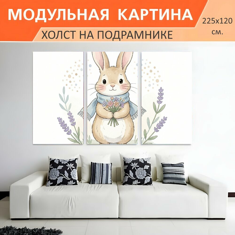 Модульная картина на холсте "Заяц с букетом цветов. Милый кролик в нежно-бежевых тонах с голубым шарфом держит маленькие полевые." триптих на подрамнике 225х120 см. для интерьера
