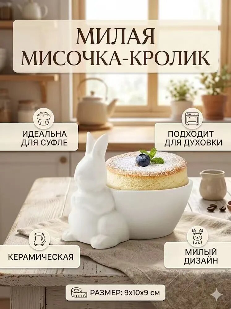 Шубница керамическая в виде кролика, 1 шт, диаметр 10 см для суфле