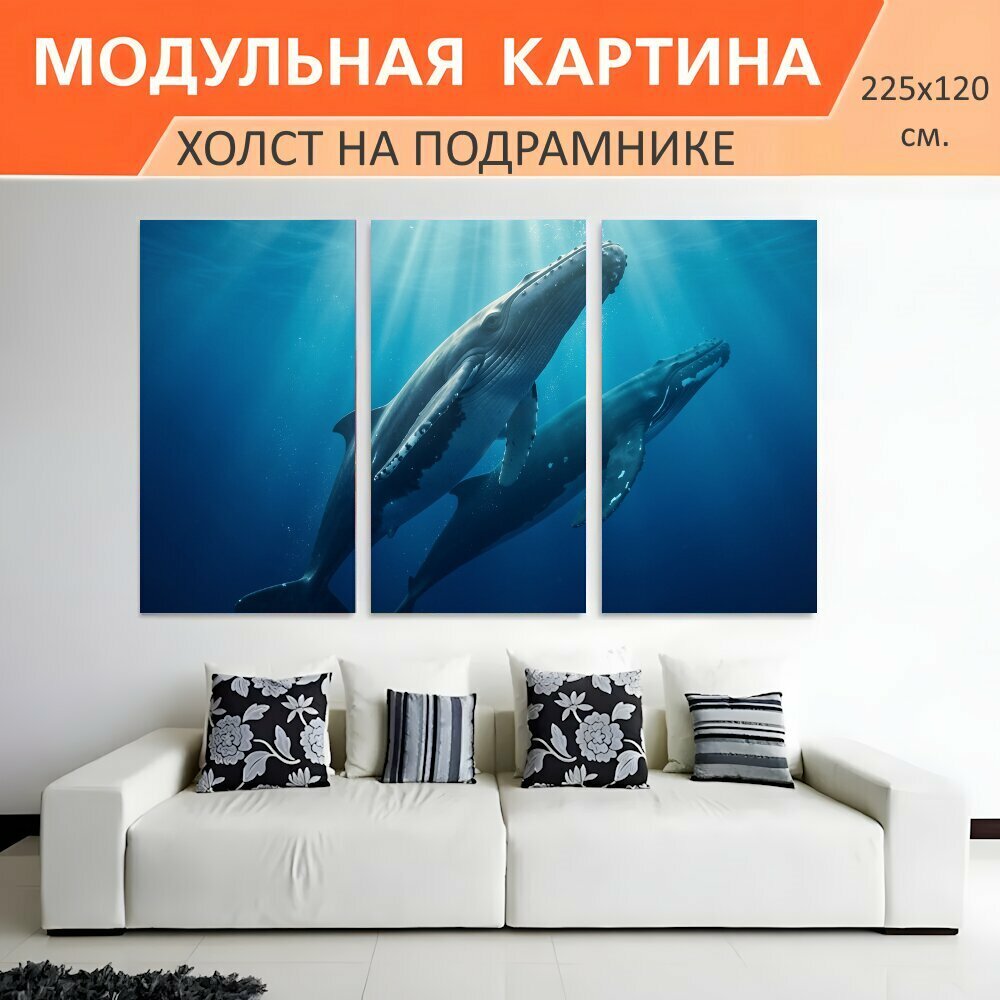 Модульная картина на холсте "Киты в лучах океана. Подводная сцена с двумя крупными морскими великанами, плывущими в глубине синего." триптих на подрамнике 225х120 см. для интерьера
