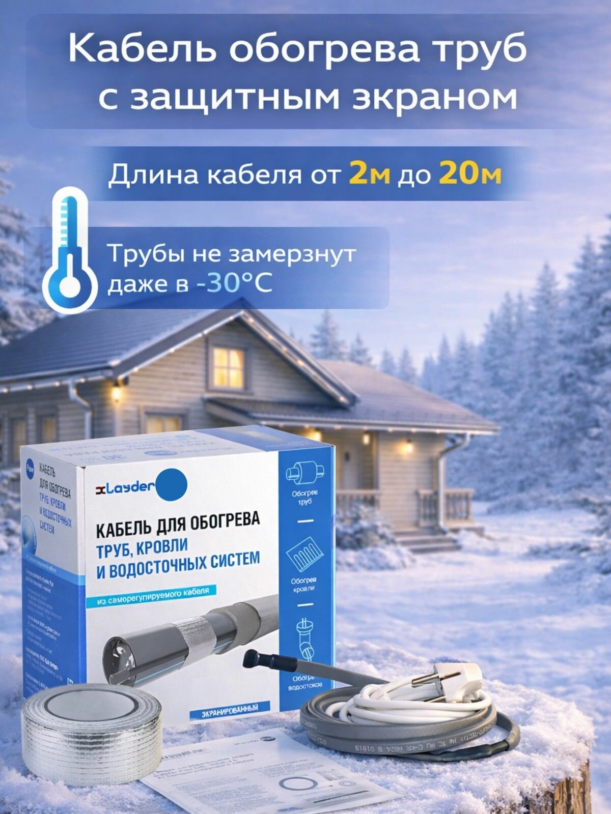 Греющий кабель для обогрева труб 7м