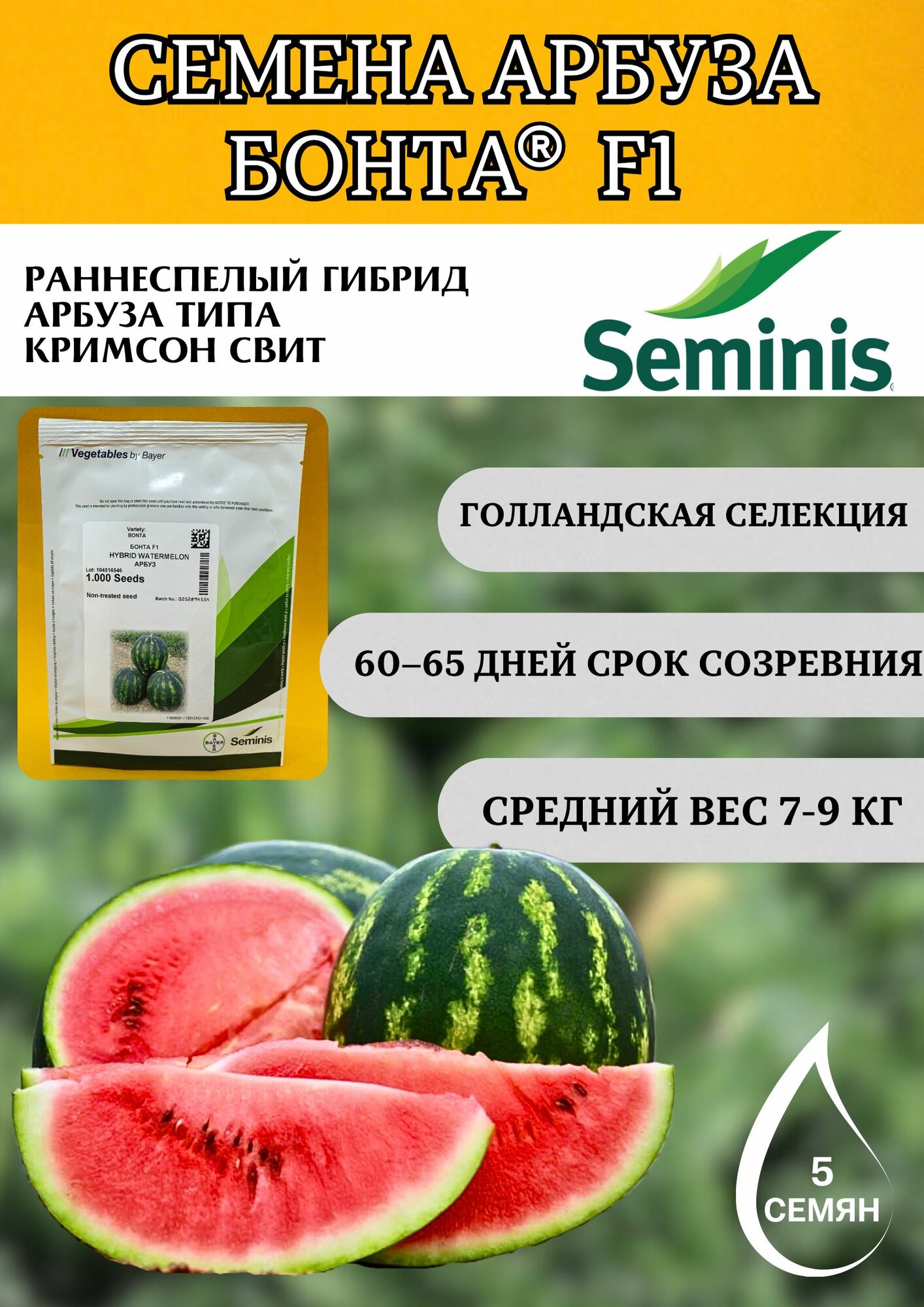 Семена арбуза Бонта F1 5 штук Seminis, профессиональные семена