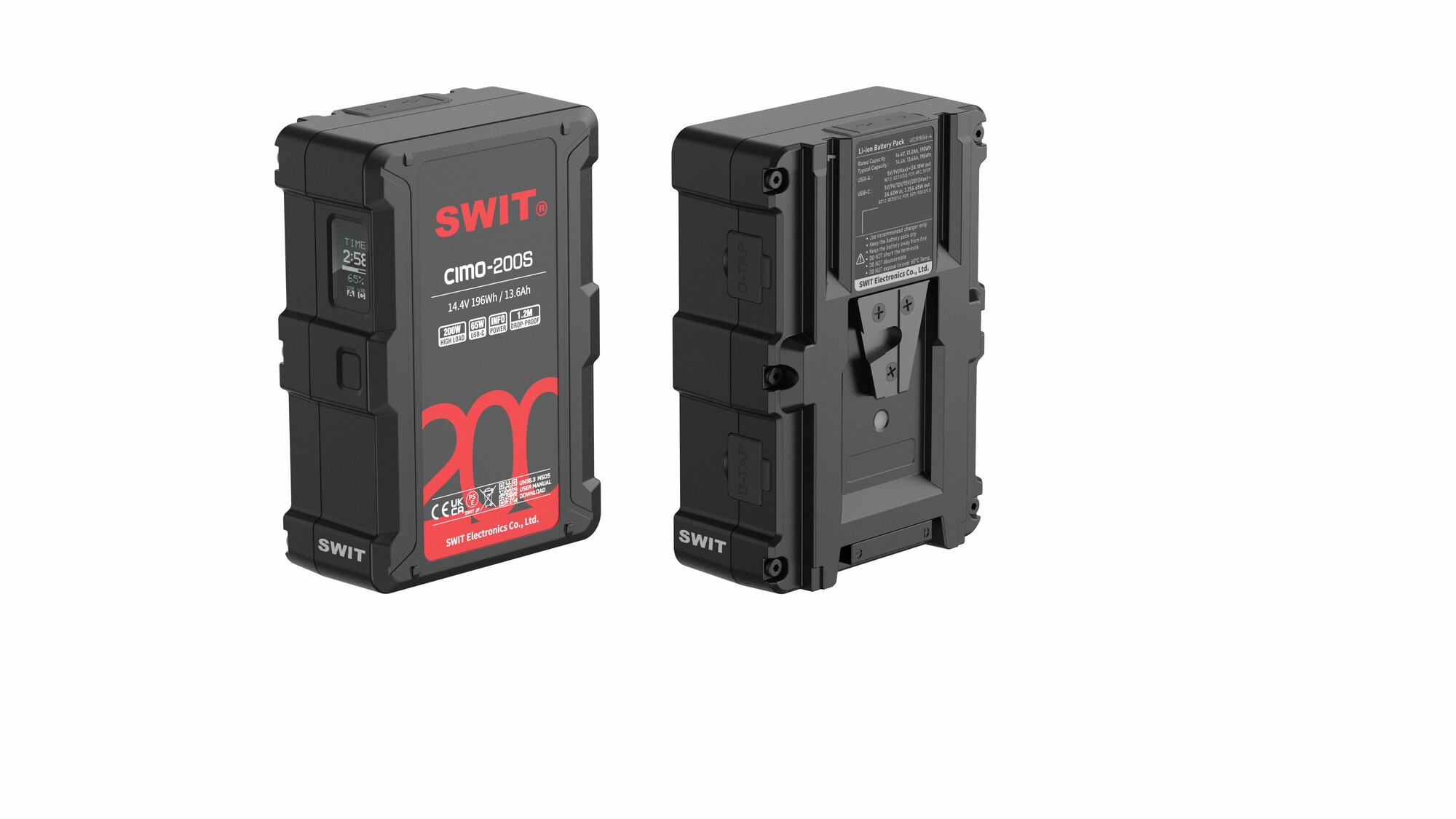 SWIT CIMO-200S Аккумуляторная батарея CIMO-200S V-Mount Slim Cine 196 Втч разъемы D-Tap, USB-C, USB-A