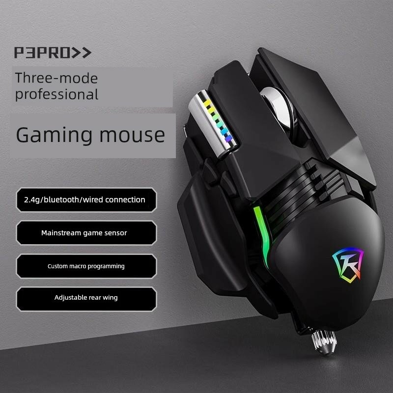 Черная механическая металлическая мышь с режимами 2.4G, Bluetooth и проводным подключением, перезаряжаемый сплав корпус