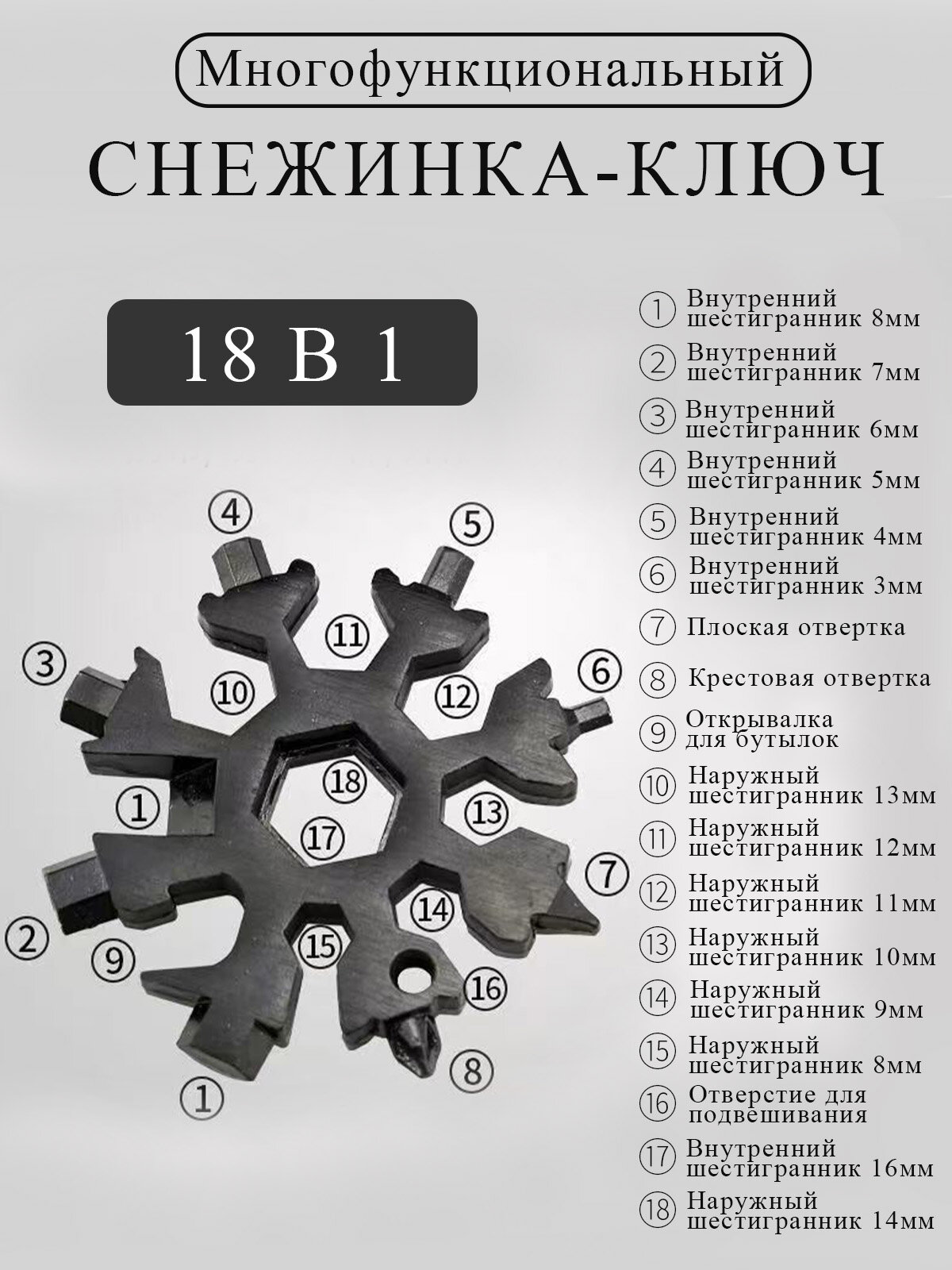 Снежинка-ключ, многофункциональный 18 в 1 инструмент, шестигранник, крестовая и плоская отвертка, открывалка для бутылок, компактный ручной инструмент для туризма и кемпинга Походный мультитул Набор инструментов