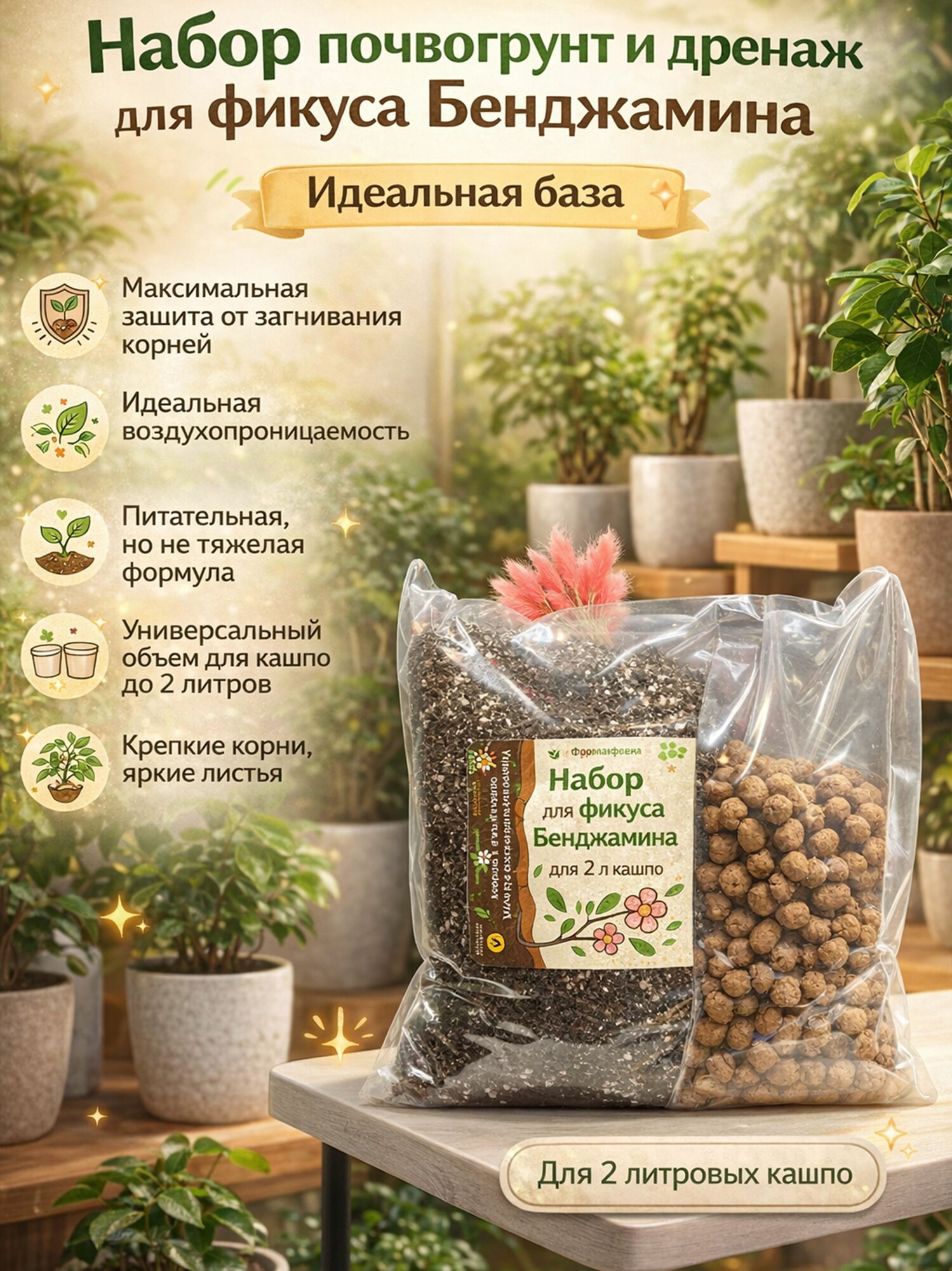 Набор почвогрунт и дренаж для фикуса Бенджамина для 2л кашпо