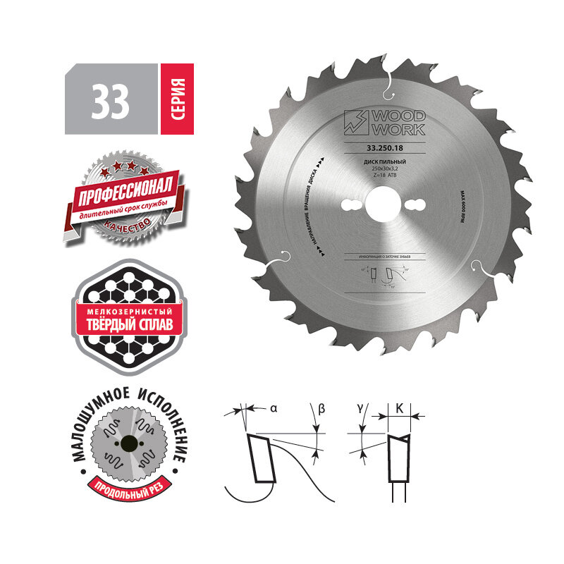 Диск пильный 250*3.2*30H*18T A15 ATB WOODWORK/вудворк 33.250.18