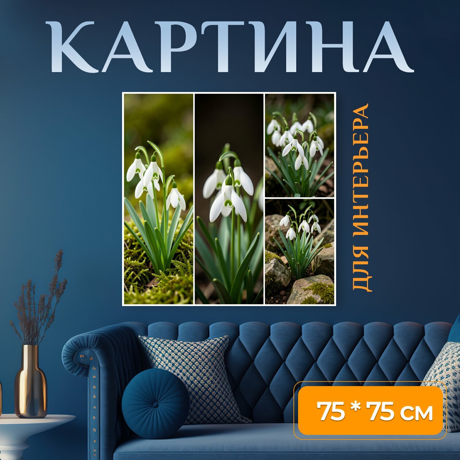 Картина на холсте "Белые подснежники в лесу. Нежные весенние первоцветы с белыми поникшими бутонами и зелёными листьями среди мха и камней." на подрамнике 75х75 см. для интерьера