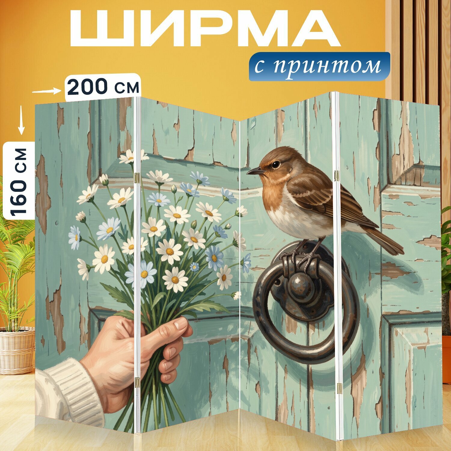 Ширма "Птица и букет у двери. Трогательная живописная сцена: рука с полевыми цветами у состаренной бирюзовой." перегородка для зонирования комнаты с принтом 200x160 см. на холсте