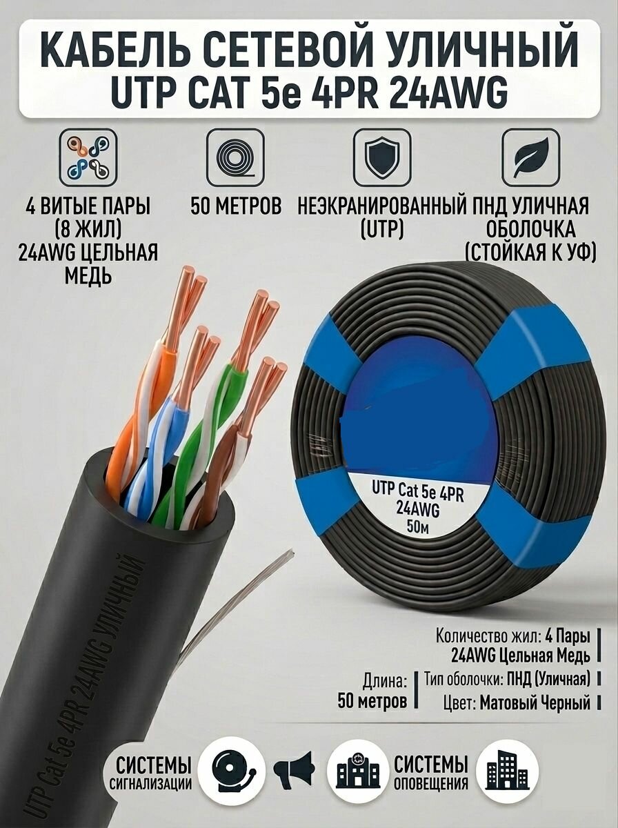 Кабель витая пара UTP cat 5e 4PAIRS 24AWG outdoor, уличный не экран (50 м)