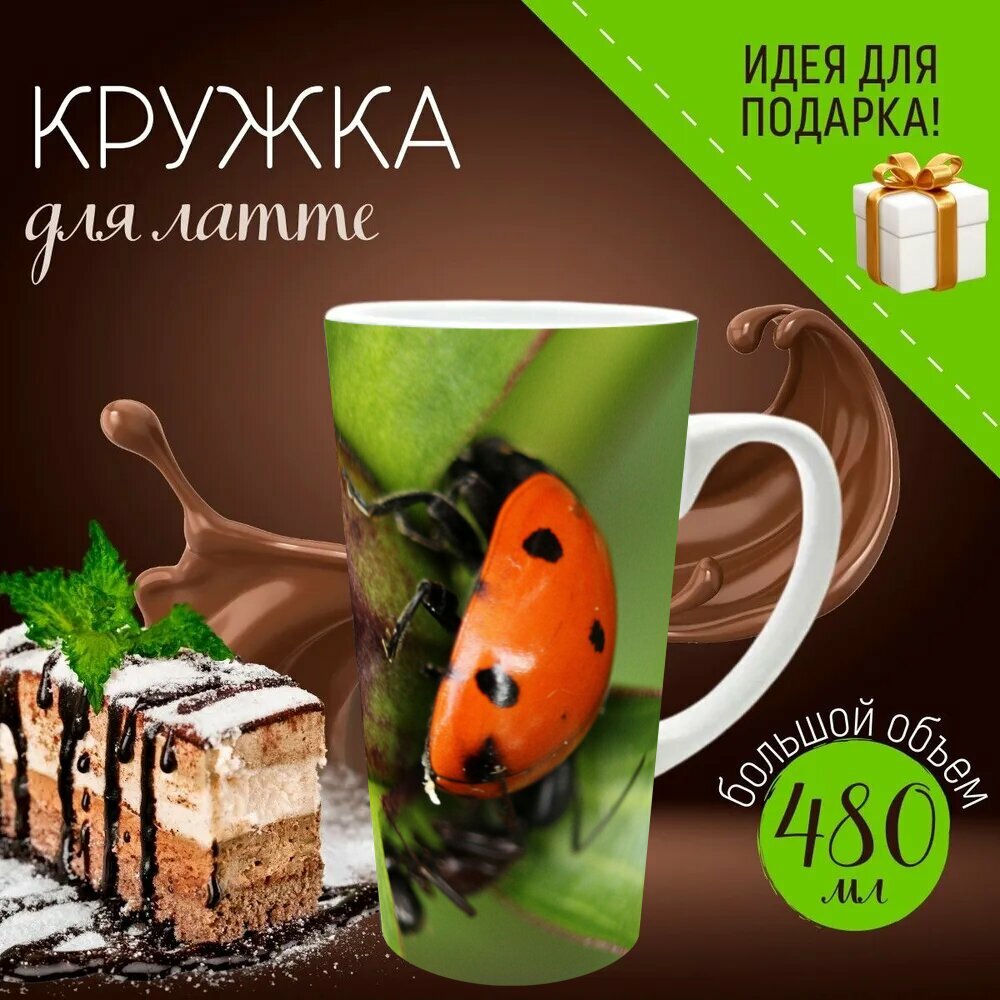 Кружка латте керамическая большая для чая и кофе с прикольным принтом "Божья коровка Макрос выстрел из божья коровка откладывает яйца с муравья в качестве тренера божья." 500 мл.