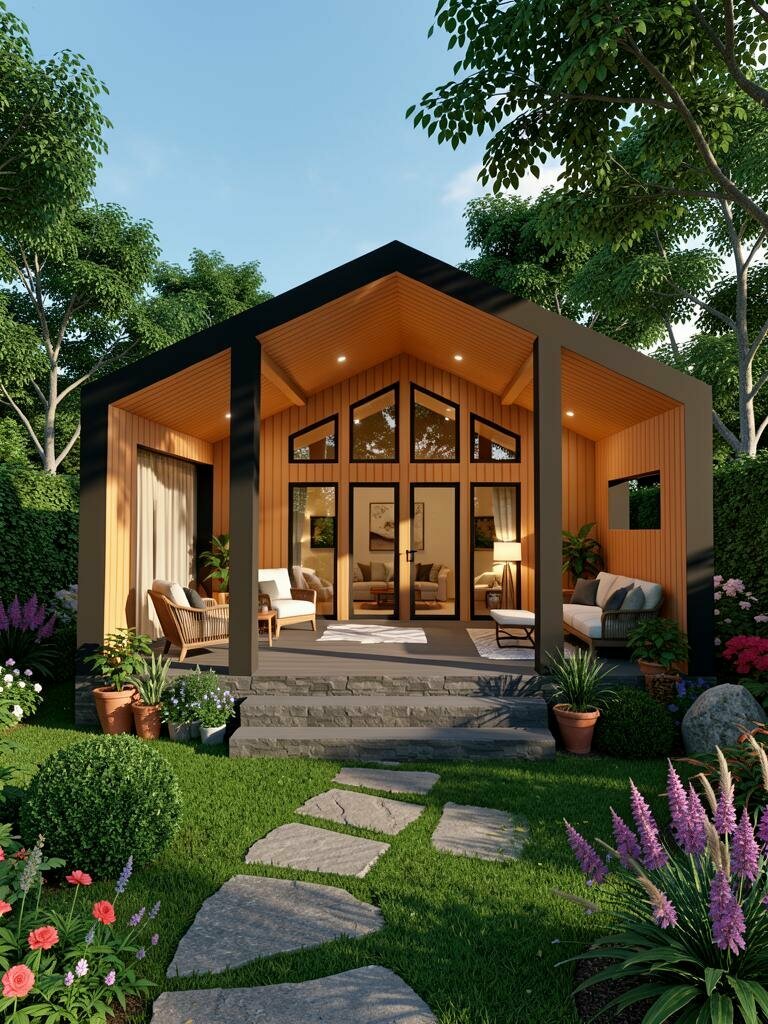 Проект одноэтажного каркасного дома с сауной и террасой 16,70х6,68 м