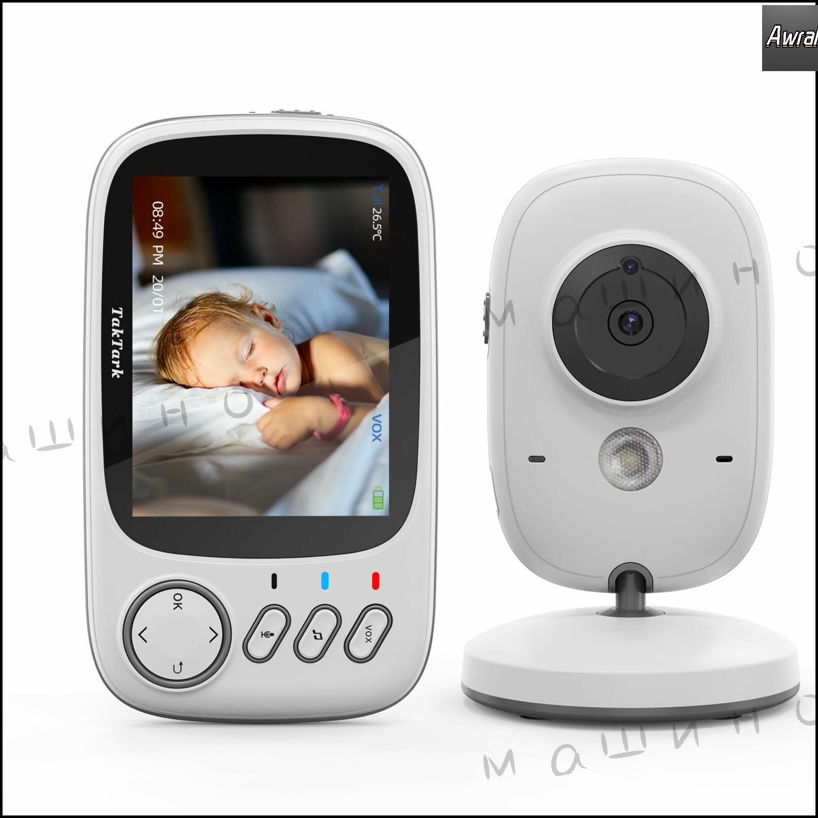 Беспроводная видеоняня Baby Monitor TakTark BM603 3,2 дюйма, Двухсторонний домофон, Автоматическое ночное видение, мониторинг температуры, с увеличенным радиусом действия, 8 колыбельными