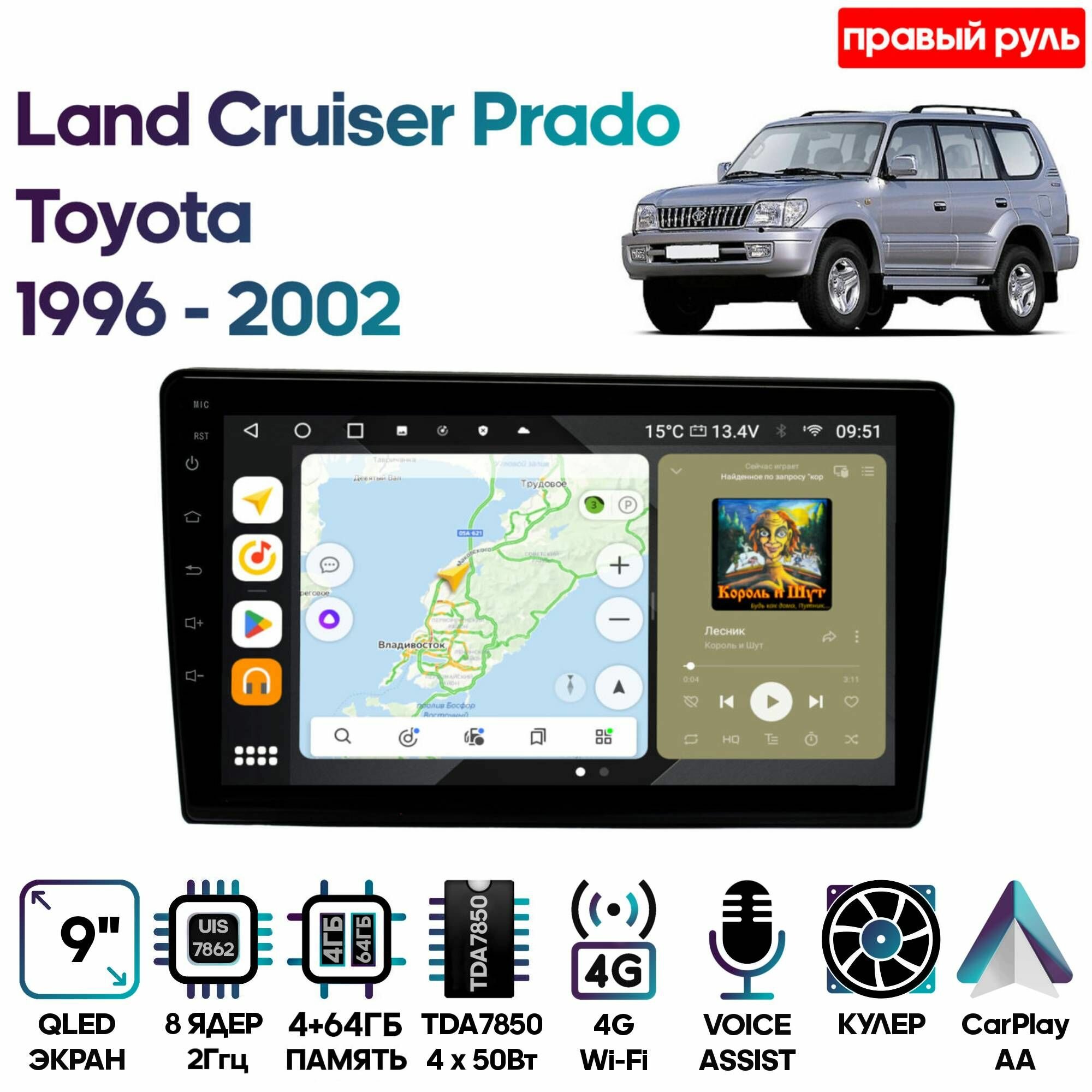 Магнитола Toyota Land Cruiser Prado 1996 - 2002 (правый руль) / 9 дюймов, 4/64GB, 8 ядер, DSP, 4G, Android 10 / Wide Media