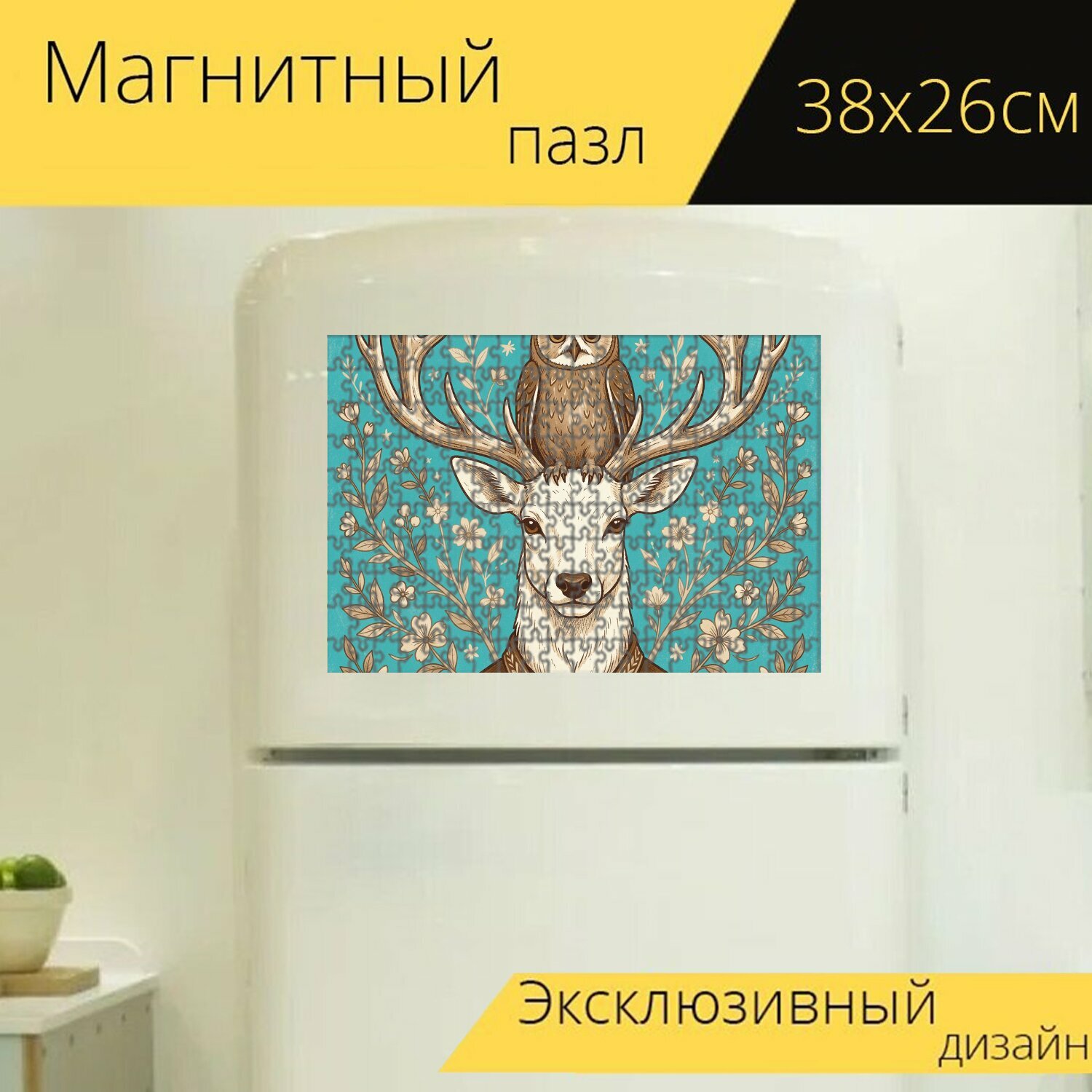 Магнитный пазл "Сова на олене с цветами. Сказочный лесной персонаж: благородный олень с ветвистыми рогами, на которых сидит сова. Бежево-коричневая гамма." для интерьера, 38х26 см.