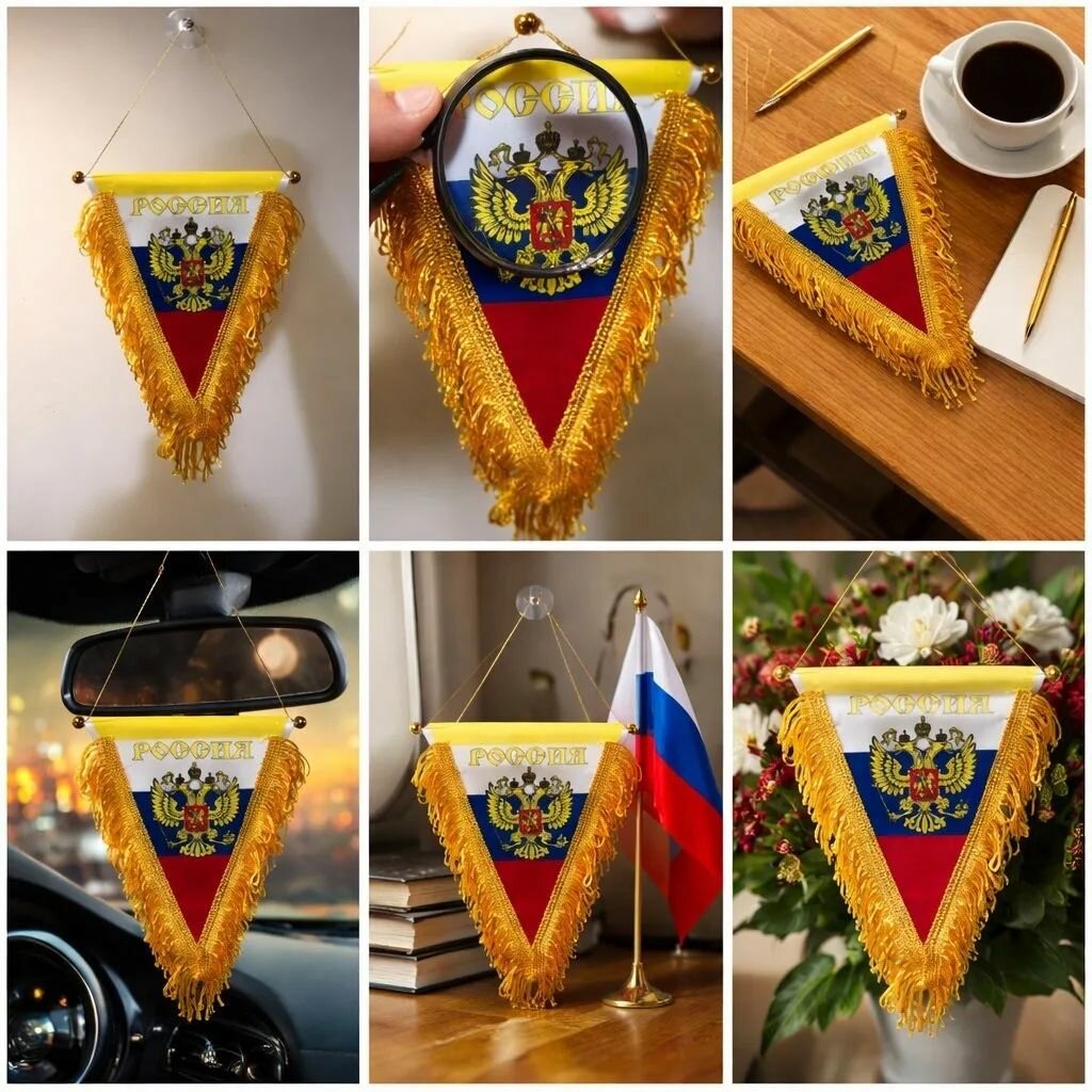 Стильный набор вымпелов для оформления: триколор с гербом и бахромой (6 шт.)