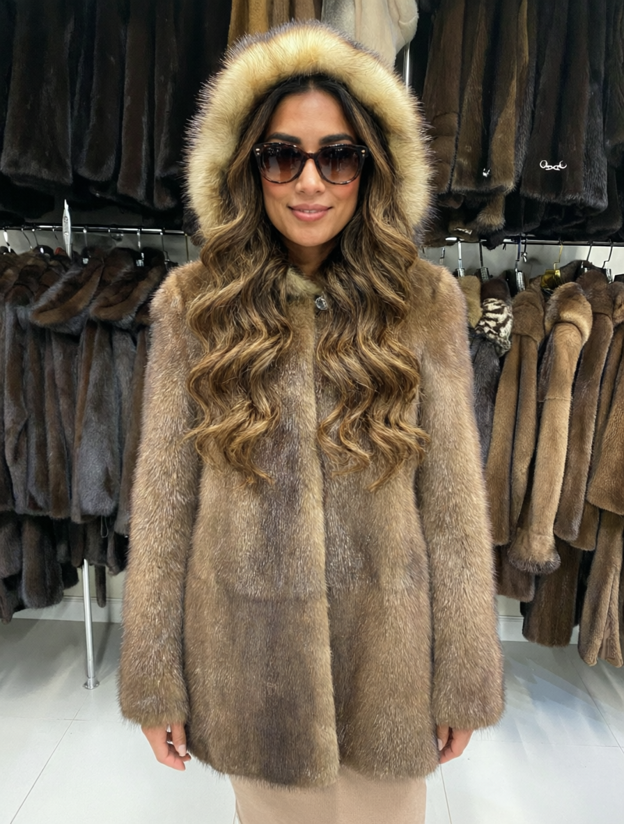 Шуба. Натуральная. Норка. Капюшон с хорьком 44-46 р.