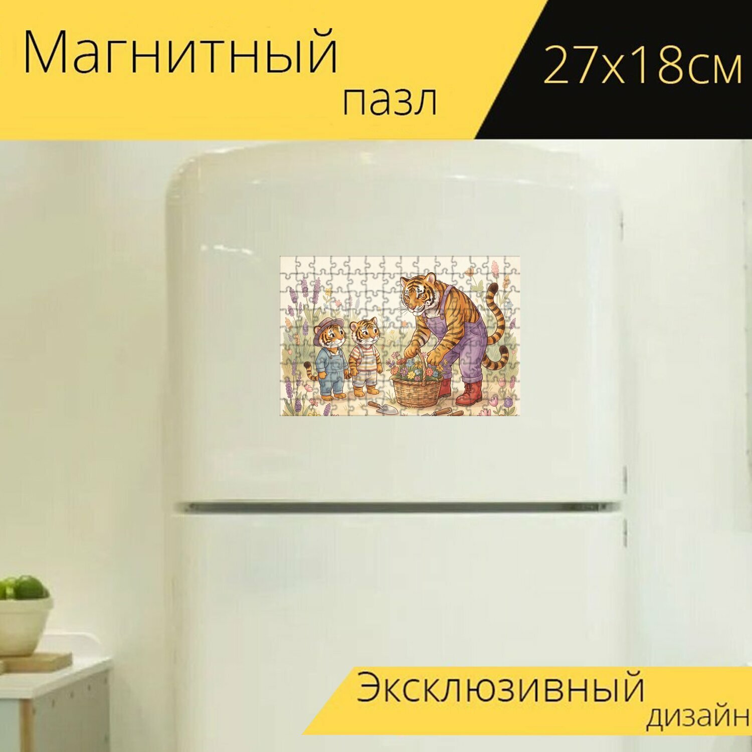 Магнитный пазл "Семья тигров собирает цветы. Милая детская иллюстрация с полосатыми зверями в саду: мама в комбинезоне с корзиной, тигрята рядом, полевые." на холодильник 27 x 18 см.