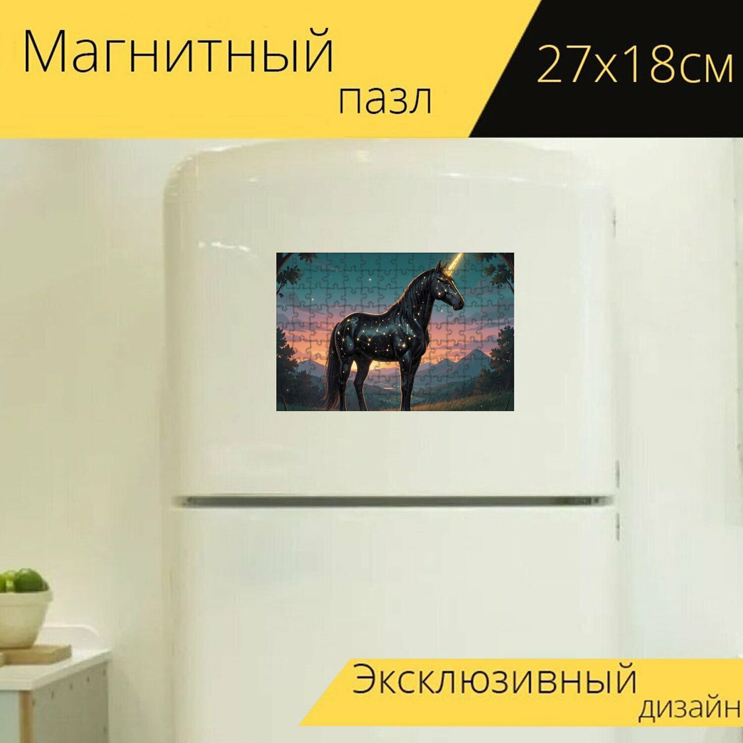 Магнитный пазл "Черный единорог со звездами. Волшебный конь с сияющим рогом и узорами созвездий на теле стоит на лесной поляне среди гор на закате." на холодильник 27 x 18 см.