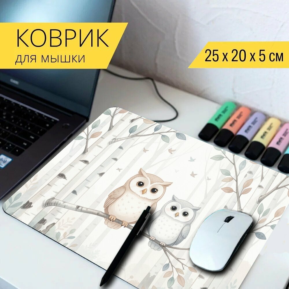 Коврик для мыши с принтом "Две совы в березовом лесу. Милые лесные птицы на ветке среди светлых стволов и нежной листвы, пастельная акварельная иллюстрация в бежево-голубых." 25x20см.