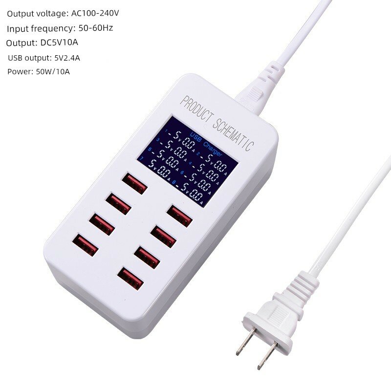 Умная розетка с 8 USB-портами и быстрой зарядкой, LED-дисплеем, подходит для мобильных устройств и планшетов