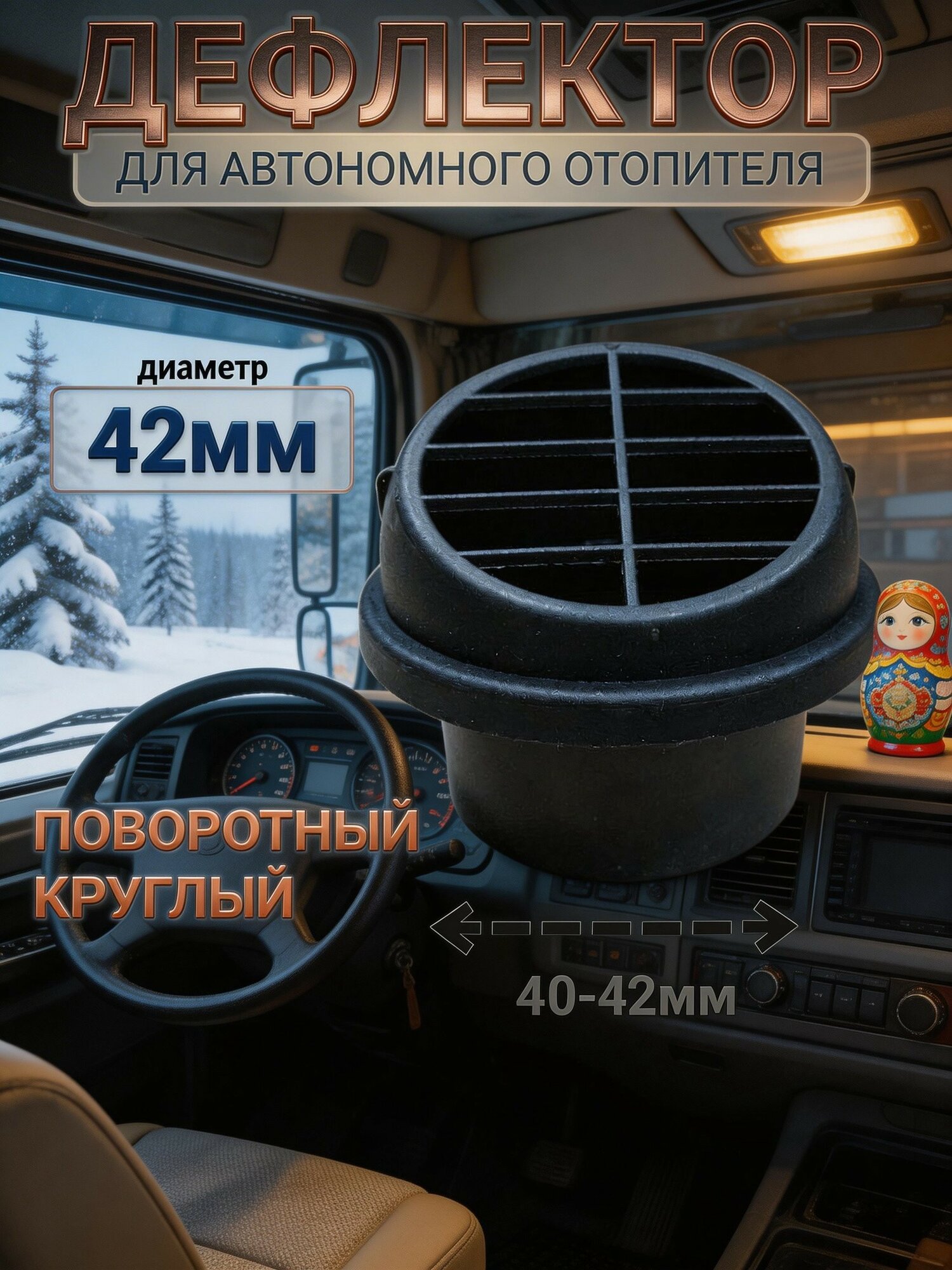 Дефлектор воздушного потока 42 мм для автономного отопителя, поворотный 360° с разборной конструкцией и хомутами для обдува стёкол и ног водителя