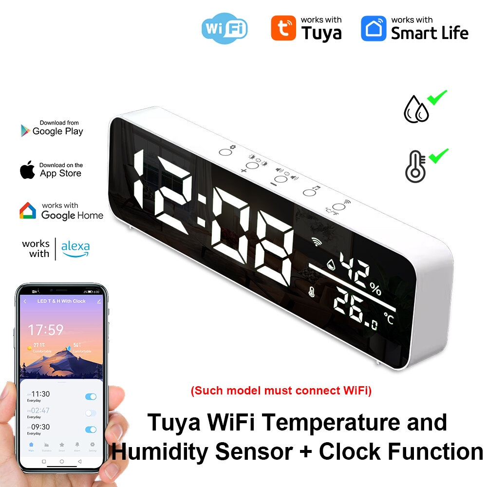Зеркальные светодиодные часы Tuya WiFi поддерживают датчики температуры и влажности с Wi-Fi умные для дома