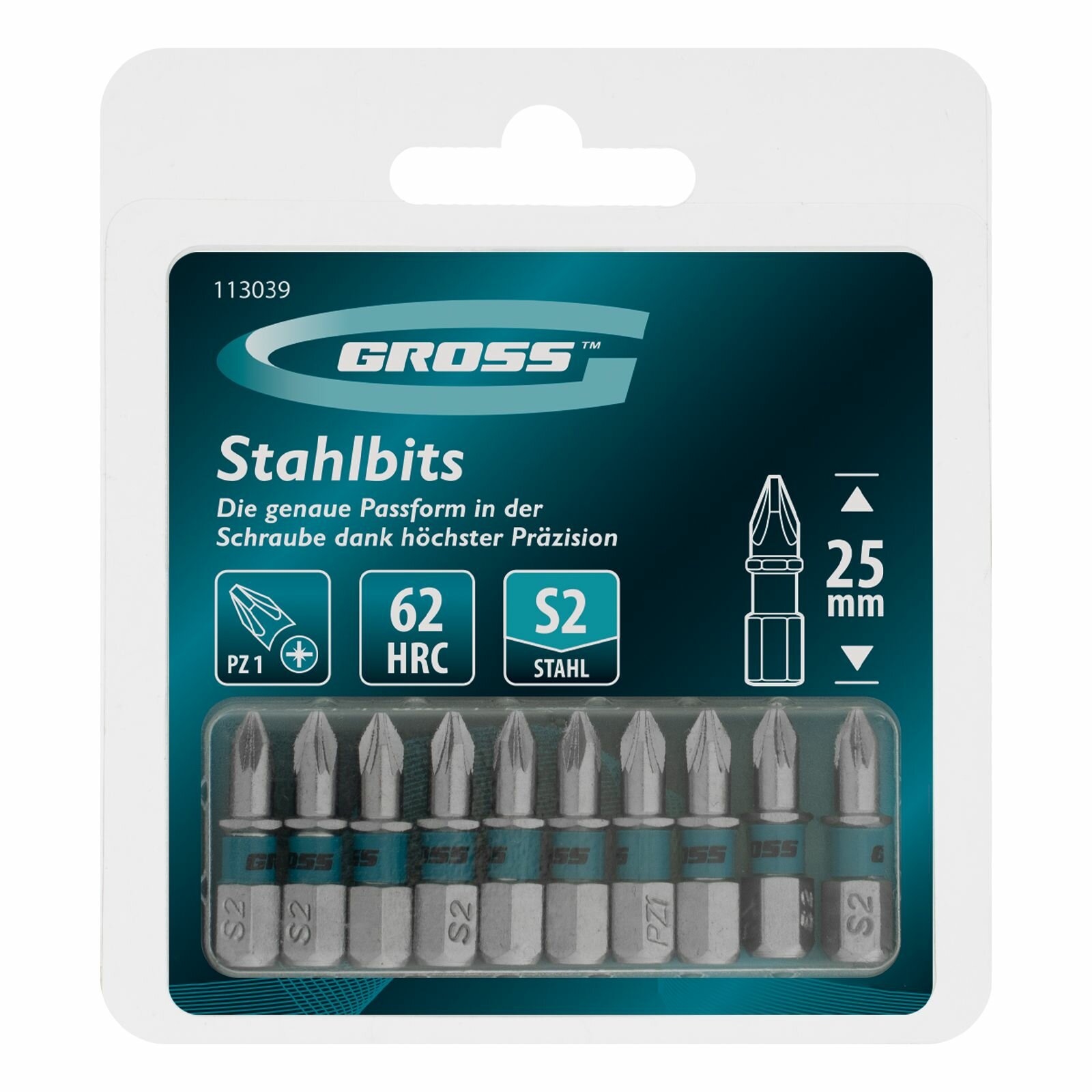 Бита PZ1х25мм сталь S2 шестигр. 10 шт. Gross, 113039