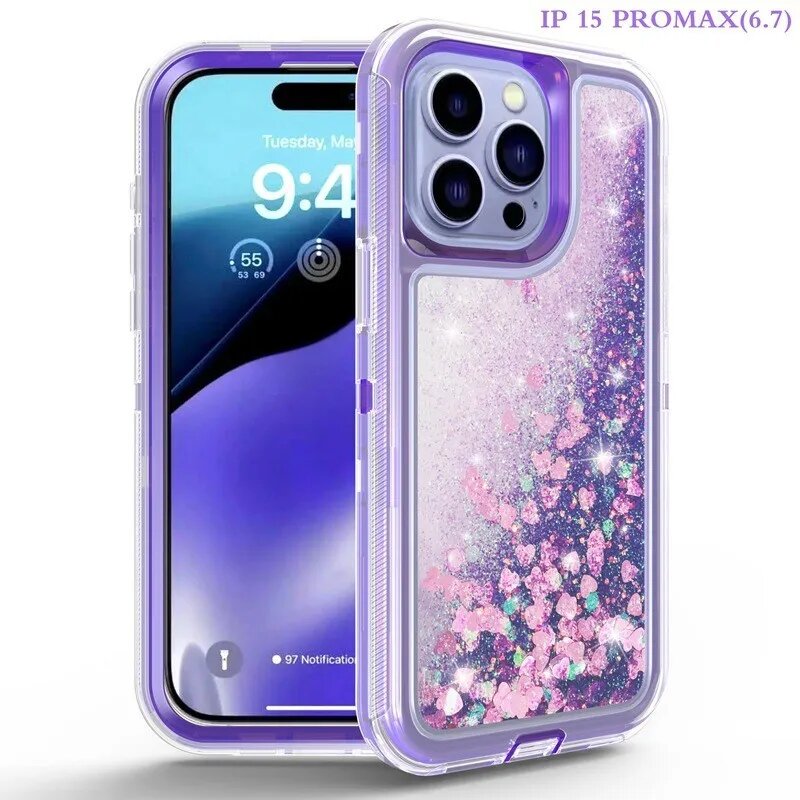 Для iPhone 16 15 14 13 12 11 Plus Pro XS XR SE2020 3-в-1 сверхмощный анти-падающий зыбучий песок мерцающий блестящий жидкий чехол для телефона