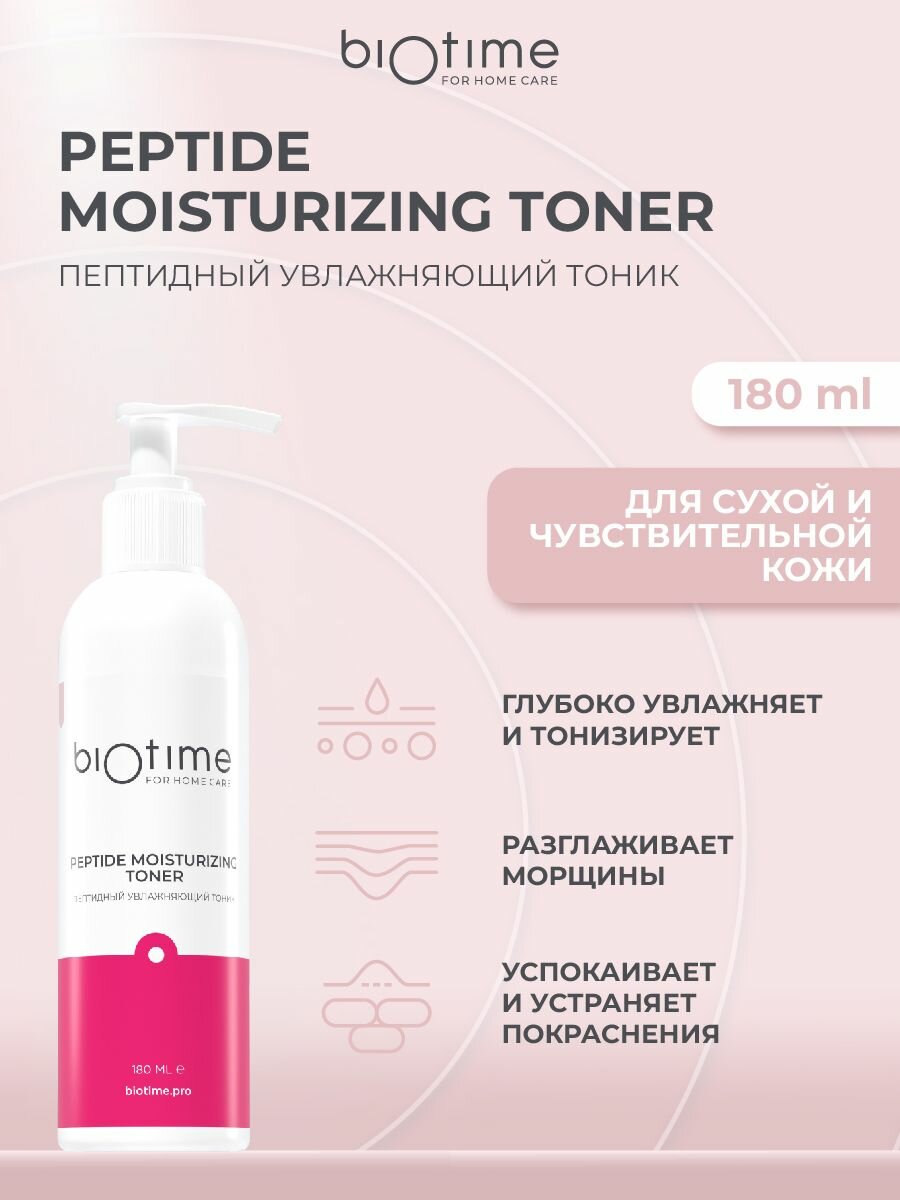 Biotime For Home Care Тоник для лица увлажняющий антивозрастной с гиалуроновой кислотой, пептидами и мочевиной / Тонер успокаивающий для сухой и чувствительной кожи, 180 мл