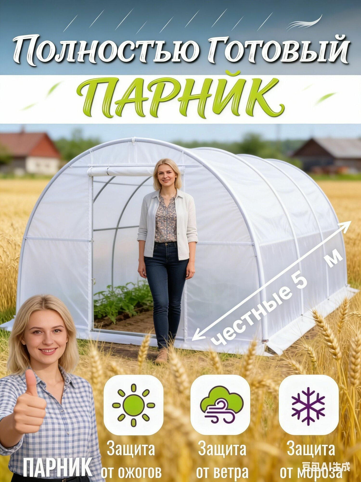Парник "Ленивый" 5х2х1м, теплица арочная для рассады, укрывной материал с дугами, защита от заморозков и птиц