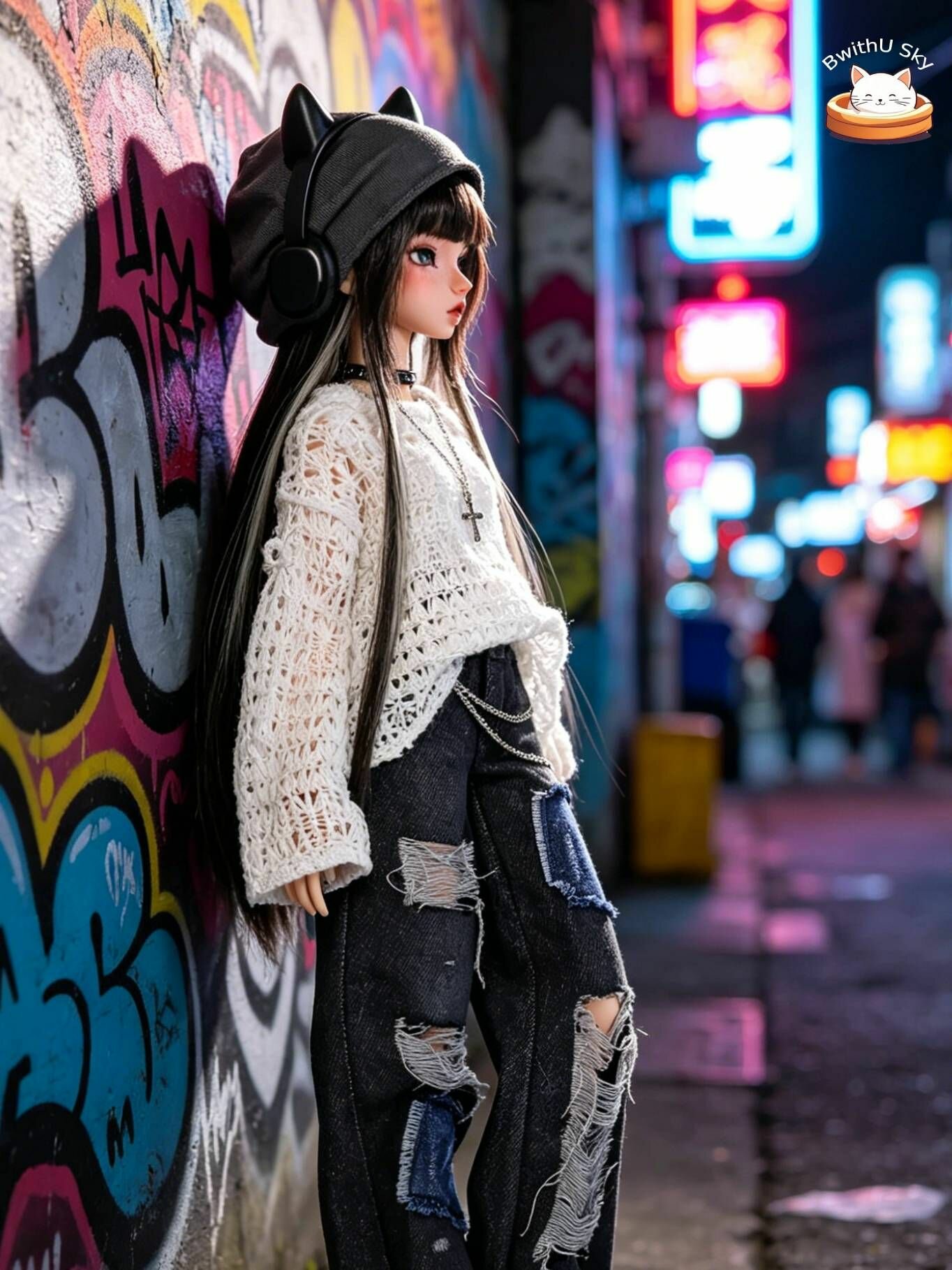 BwithUSky Lena 1/4 BJD Кукла: Атмосферный уличный костюм с шапкой-кошкой, стильный гранж-стиль