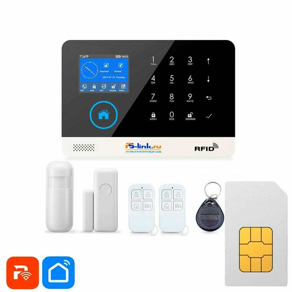 Комплект охранной сигнализации с сим-картой Ps-Link KIT-WG103TB-SIM Wi-Fi+GSM, RFID, чёрный, аккумулятор 6ч