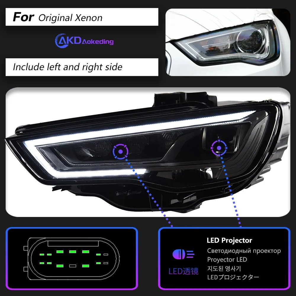 Фара для автомобиля AKD Car Styling для Audi A3 фары 2014-2016 A3 8V LED фара с проекционным линзой DRL автомобильные аксессуары