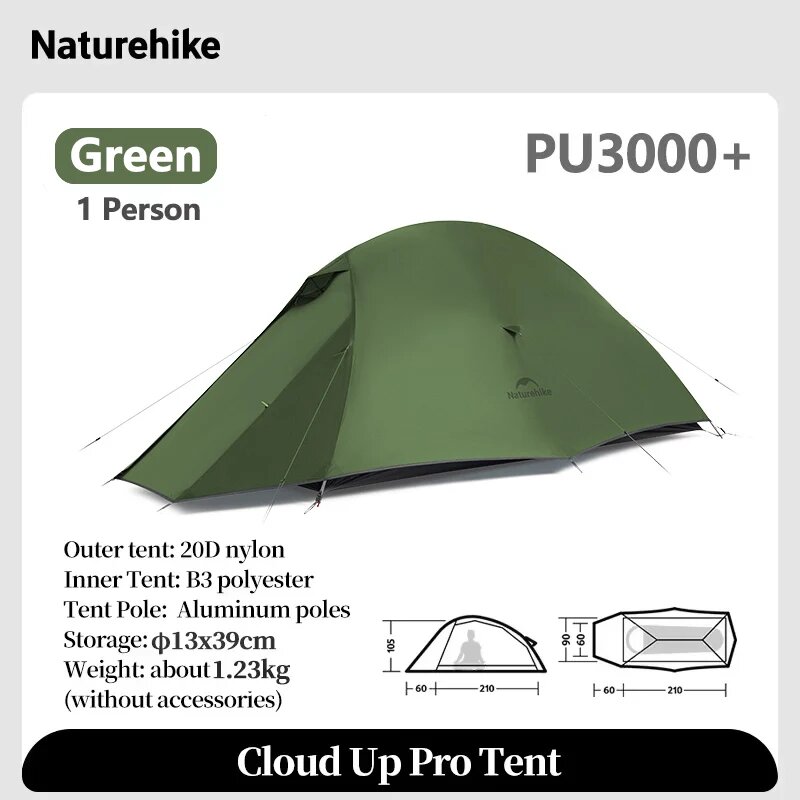 Палатка для кемпинга Naturehike Cloud Up Pro на 1-3 человека, ультralегкая 20D, для отдыха на открытом воздухе, походов, портативная, водонепроницаемая - Зеленая - 1 человек