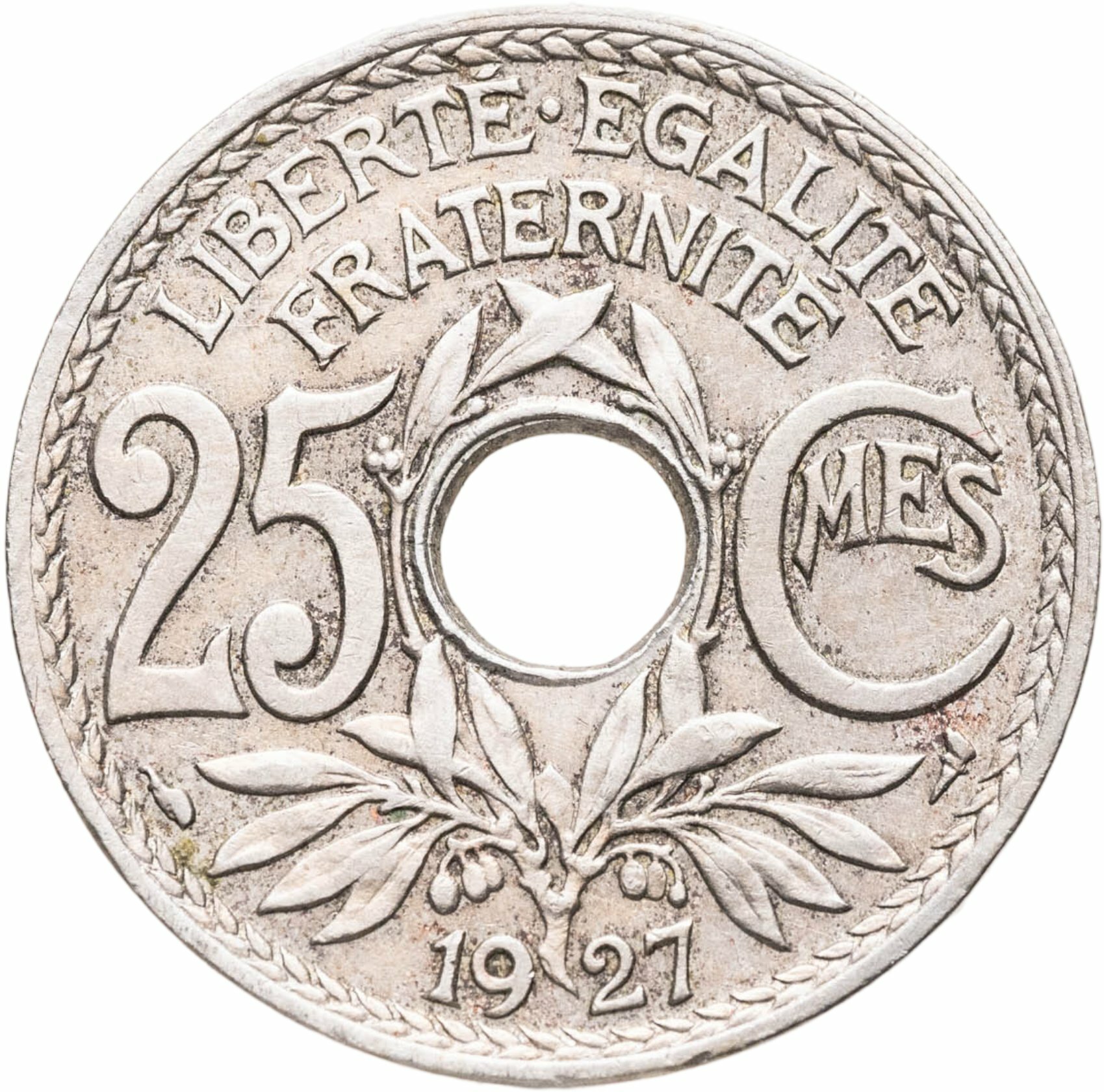 Франция 25 сантимов centimes 1927, Мельхиор медь-никель, в сохранности XF
