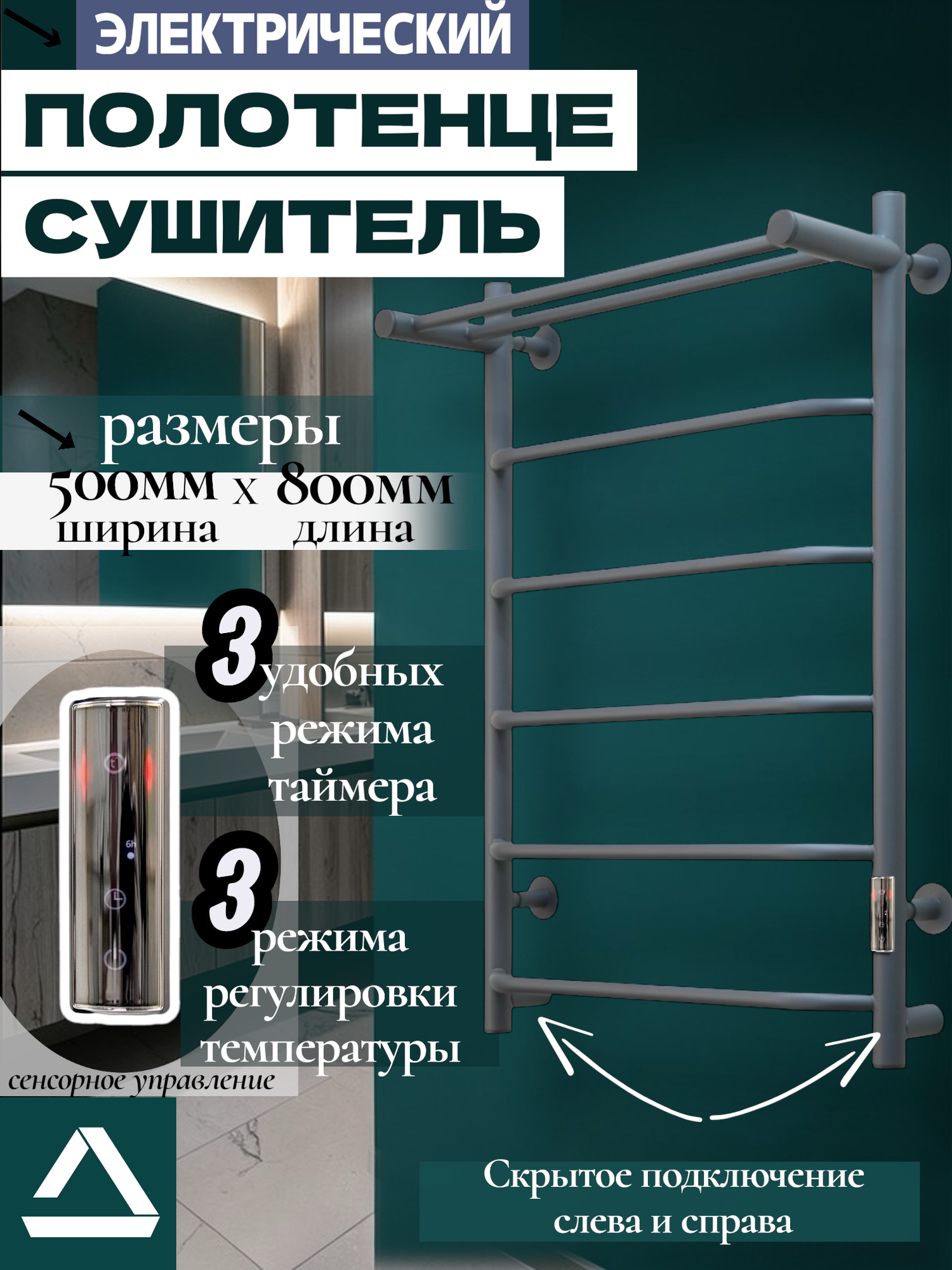 Полотенцесушитель электрический 500мм 800мм с сенсорной панелью управления, лесенка подключение универсальное, графит