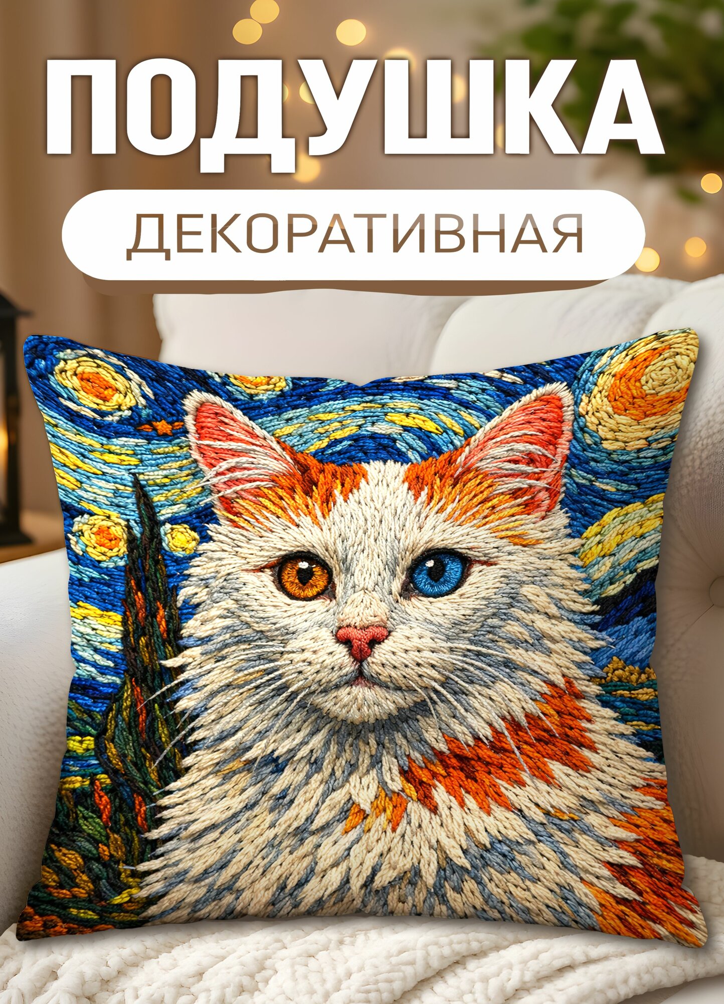 Подушка декоративная Кошки Ван Гог Звездная ночь Турецкий ван