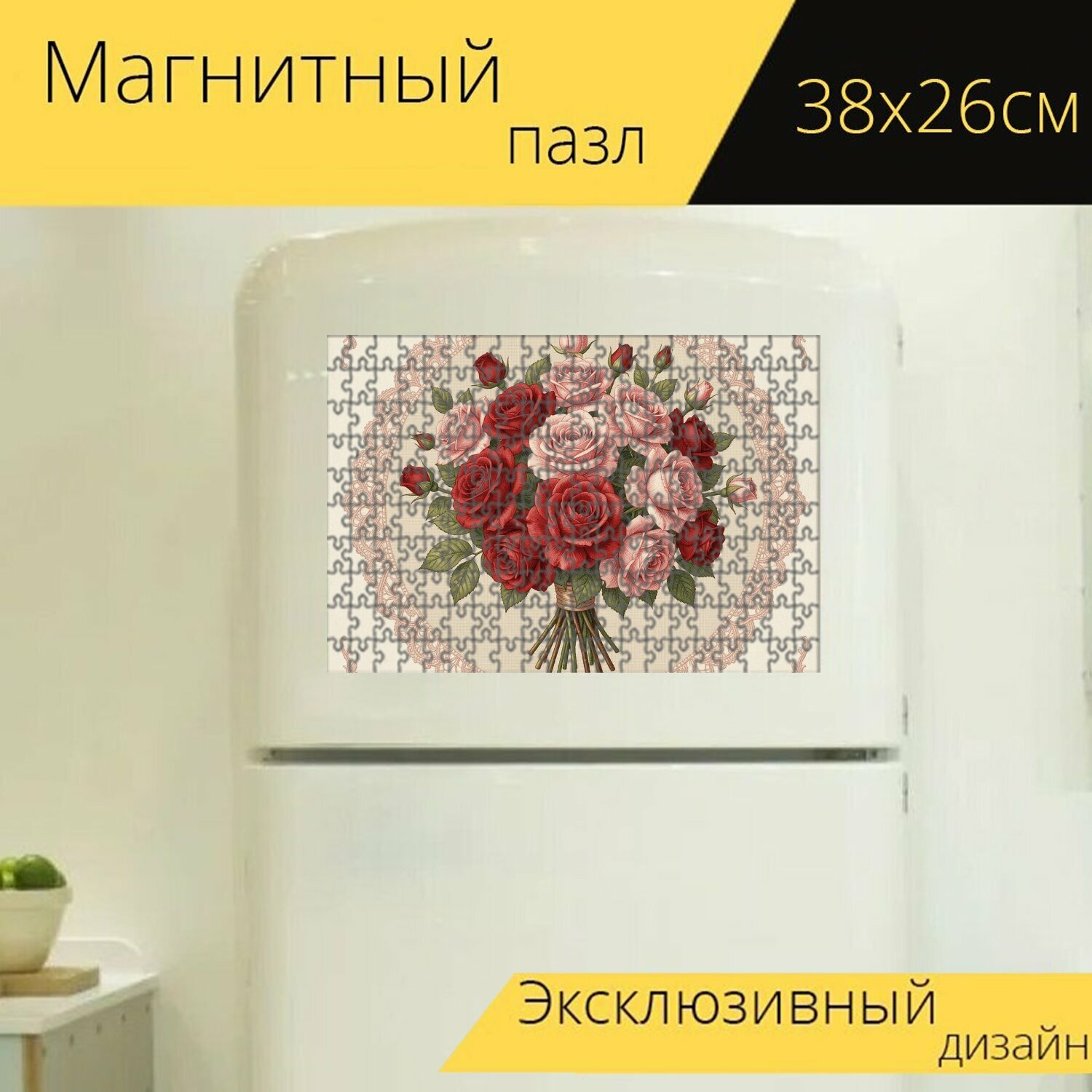 Магнитный пазл "Букет роз в винтажной рамке. Центральная цветочная композиция из красных и нежно-розовых бутонов с зелёными листьями, кружевной орнамент и." для интерьера, 38х26 см.